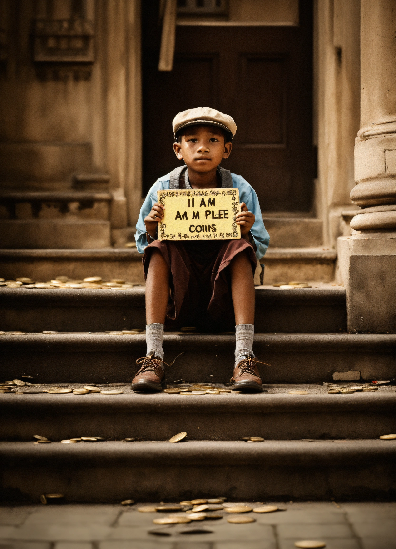 Lexica - A blind boy sat on the steps of a building with a hat by his ...