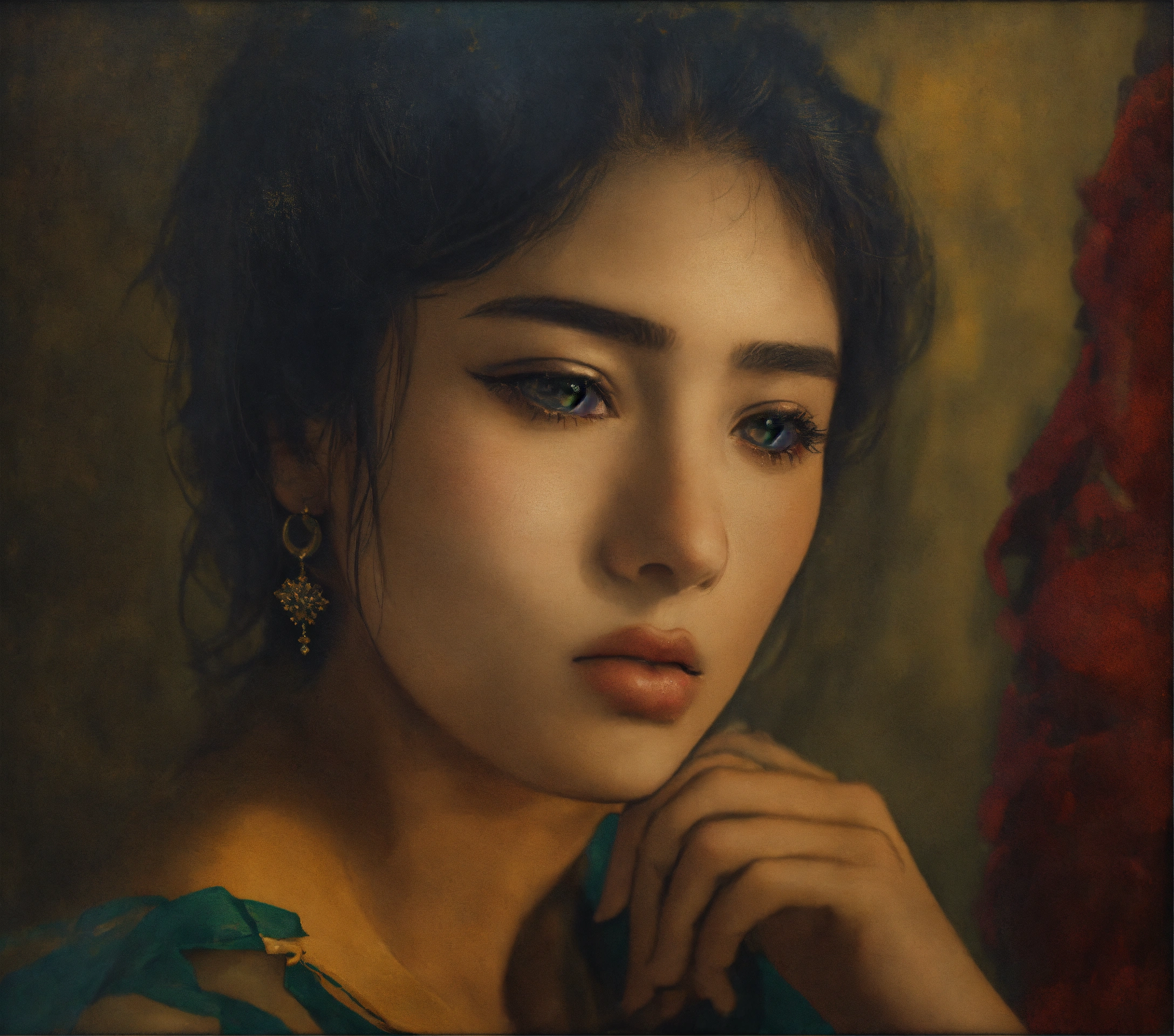 Lexica - A young woman cradling her face with a melancholic expression