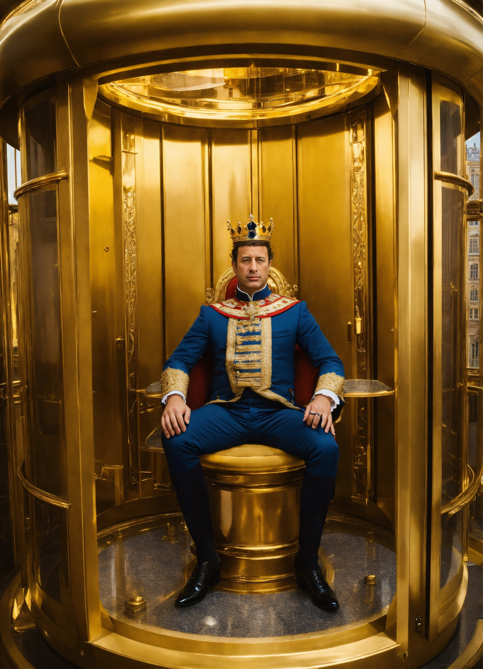 Lexica - King sitting inside Flying capsule gold elevator tower pole ...