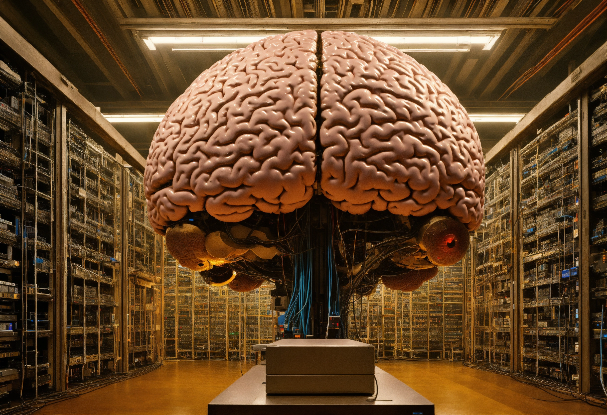 Lexica - In the center of the room, a colossal human brain is ...