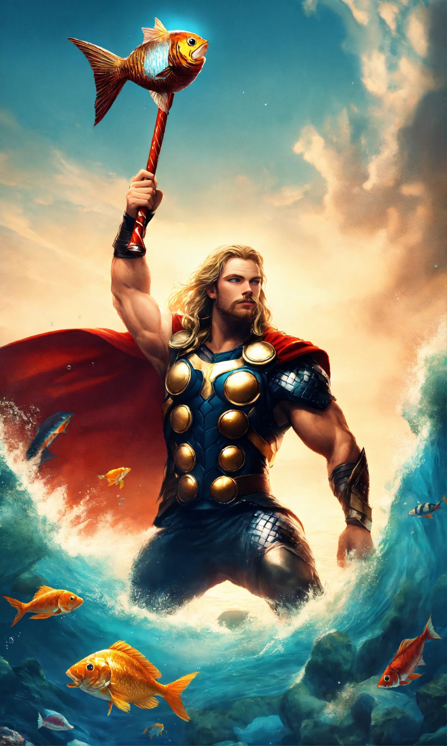 Lexica - Thor with fish underwater in the ocean, nature background, 2D ...