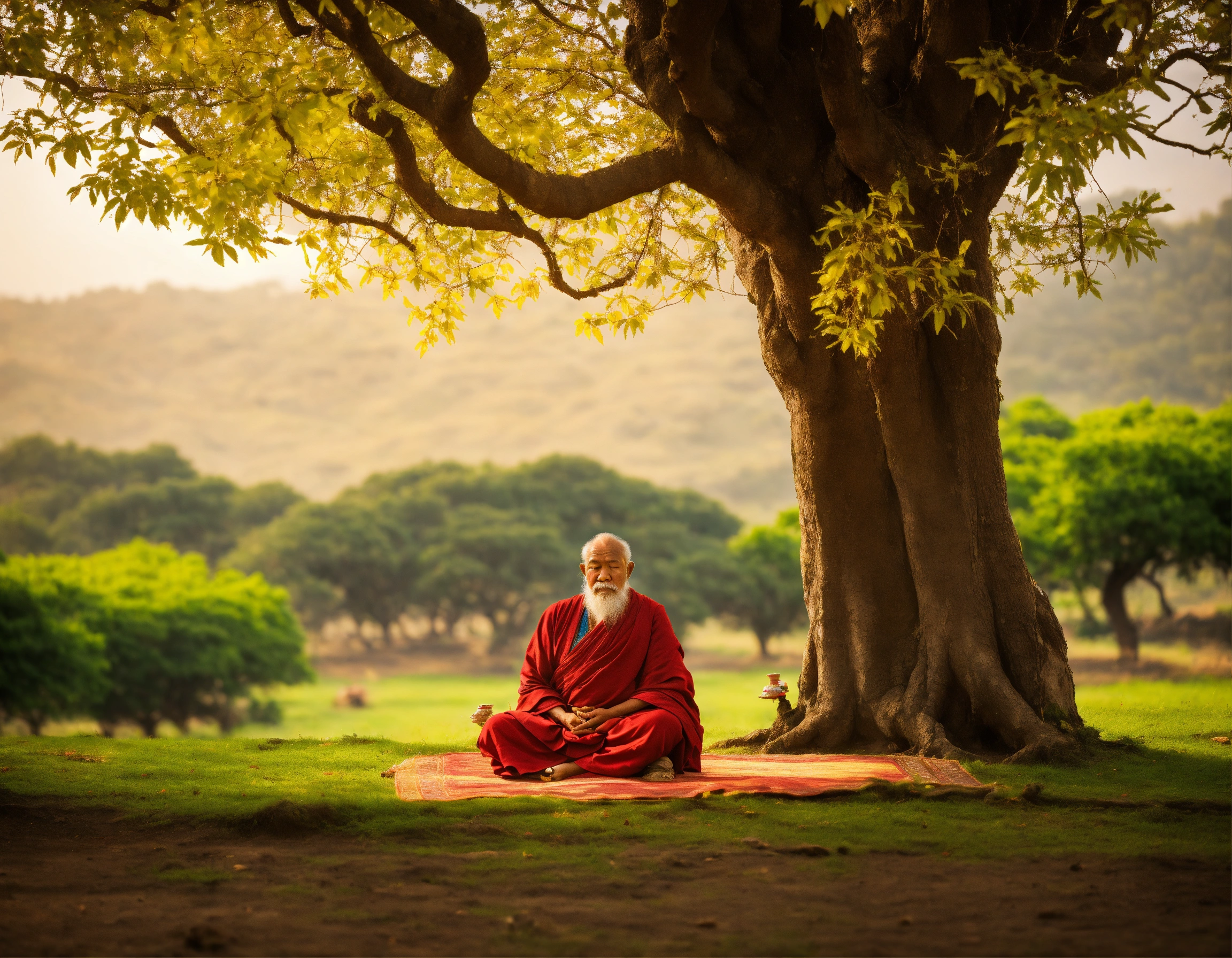 Lexica - Wise old monk in meditation under tree in a tranquil place