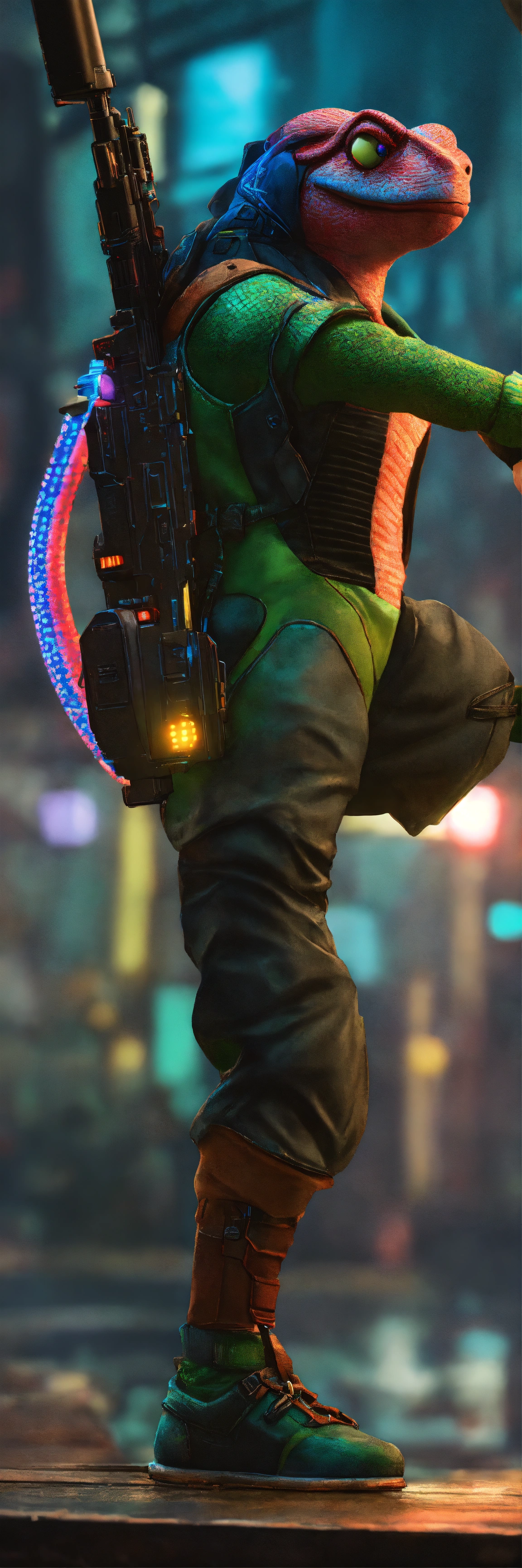 Lexica - Cyberpunk yoshi, gun pose, ultra realistic lighting