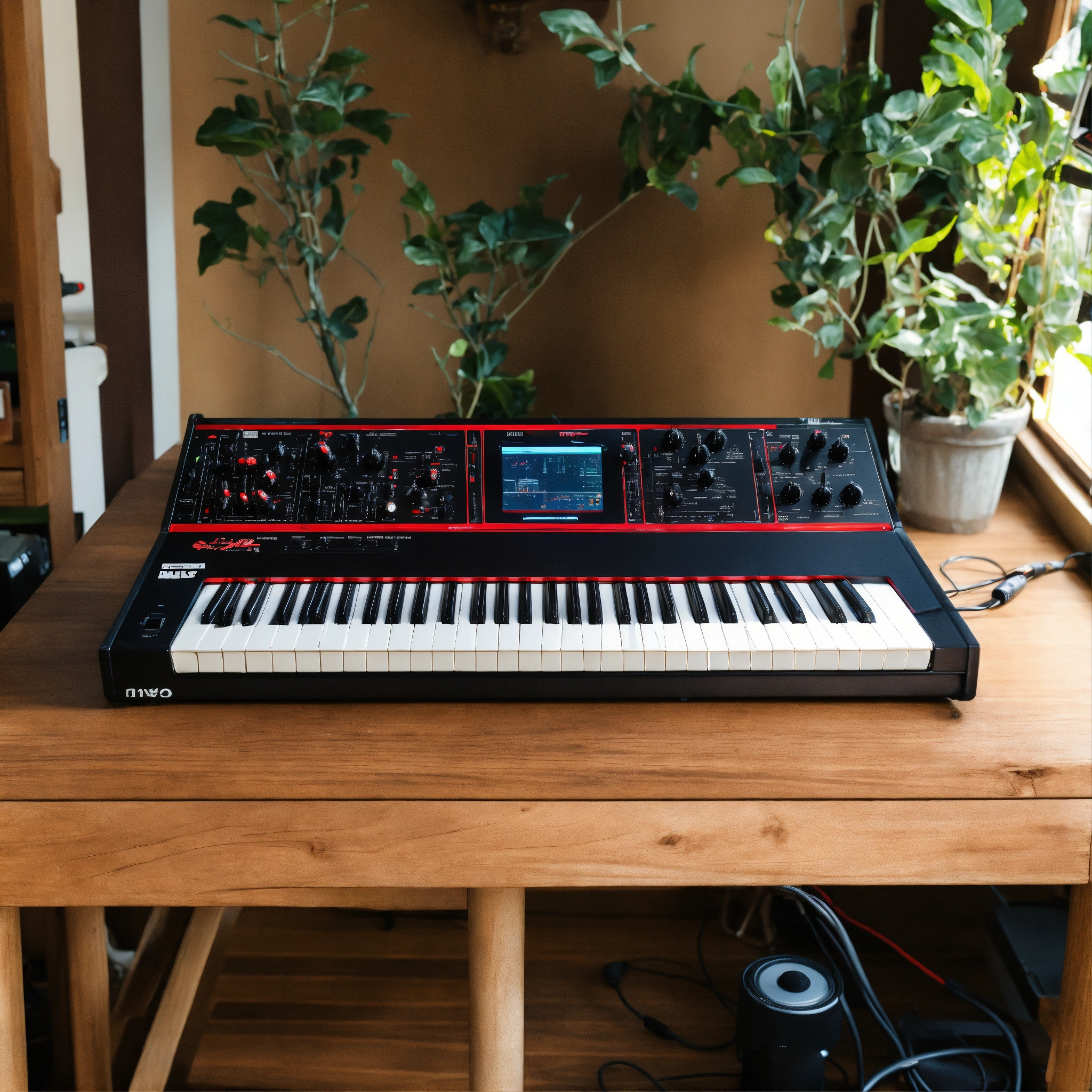 Lexica - A photo of a synthesizer. The synthesizer is black with red ...
