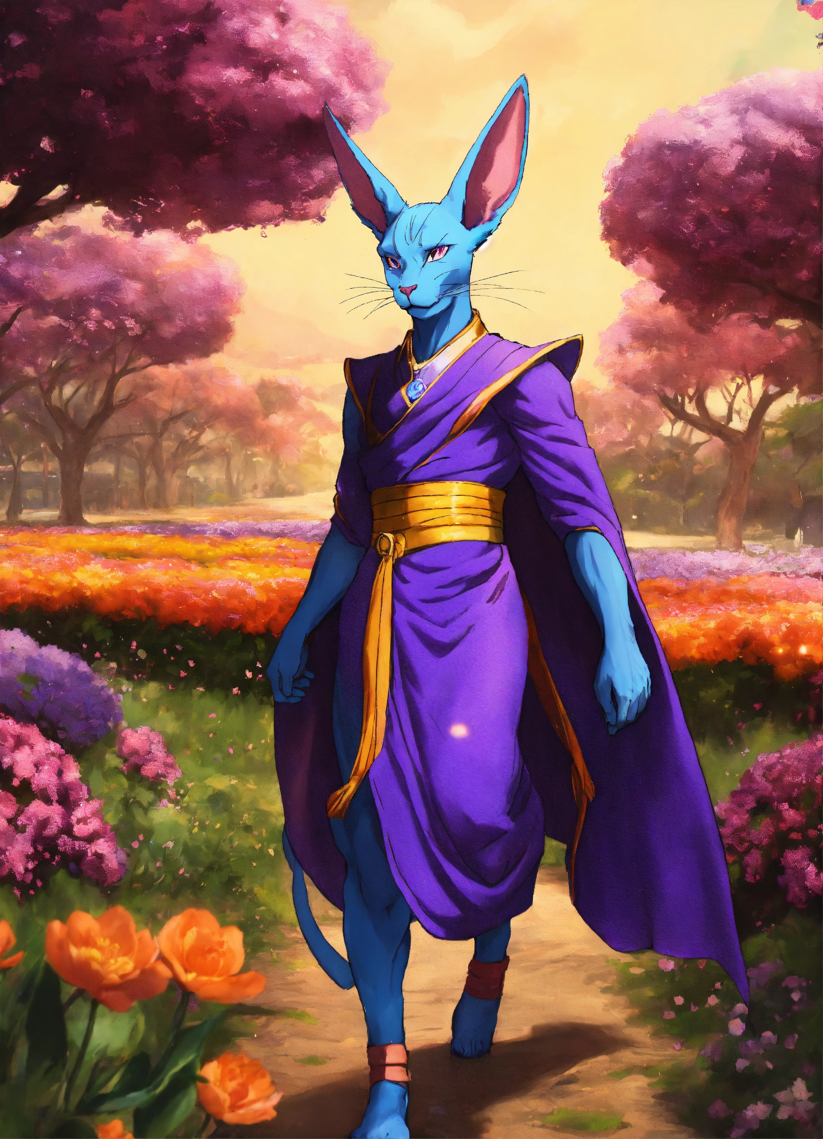 Lexica - Realistic lord beerus walking into flowers
