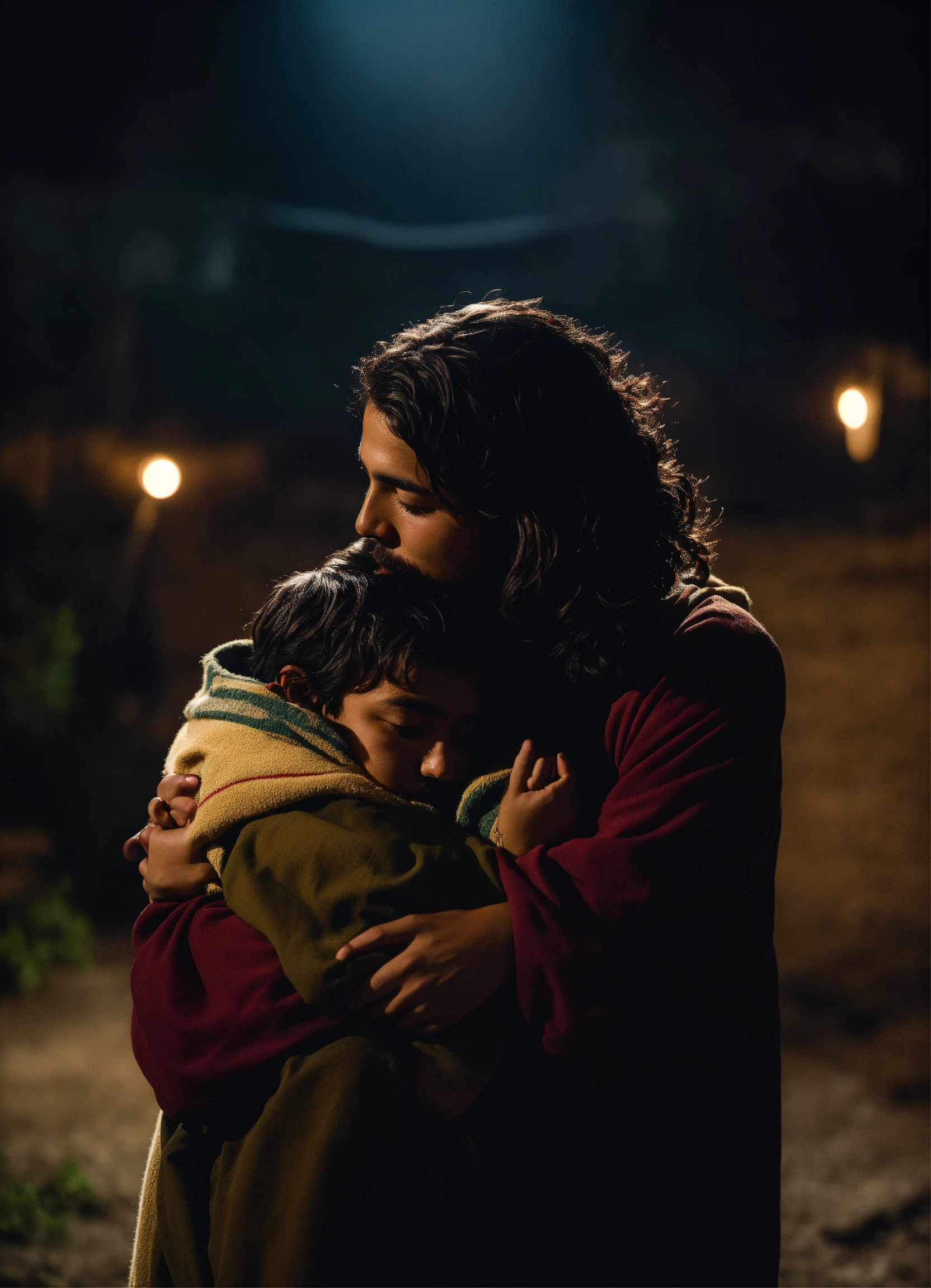 Lexica - JESUS HUGGING A HISPANIC BOY 8K. SURROUNDED BY DARKNESS.