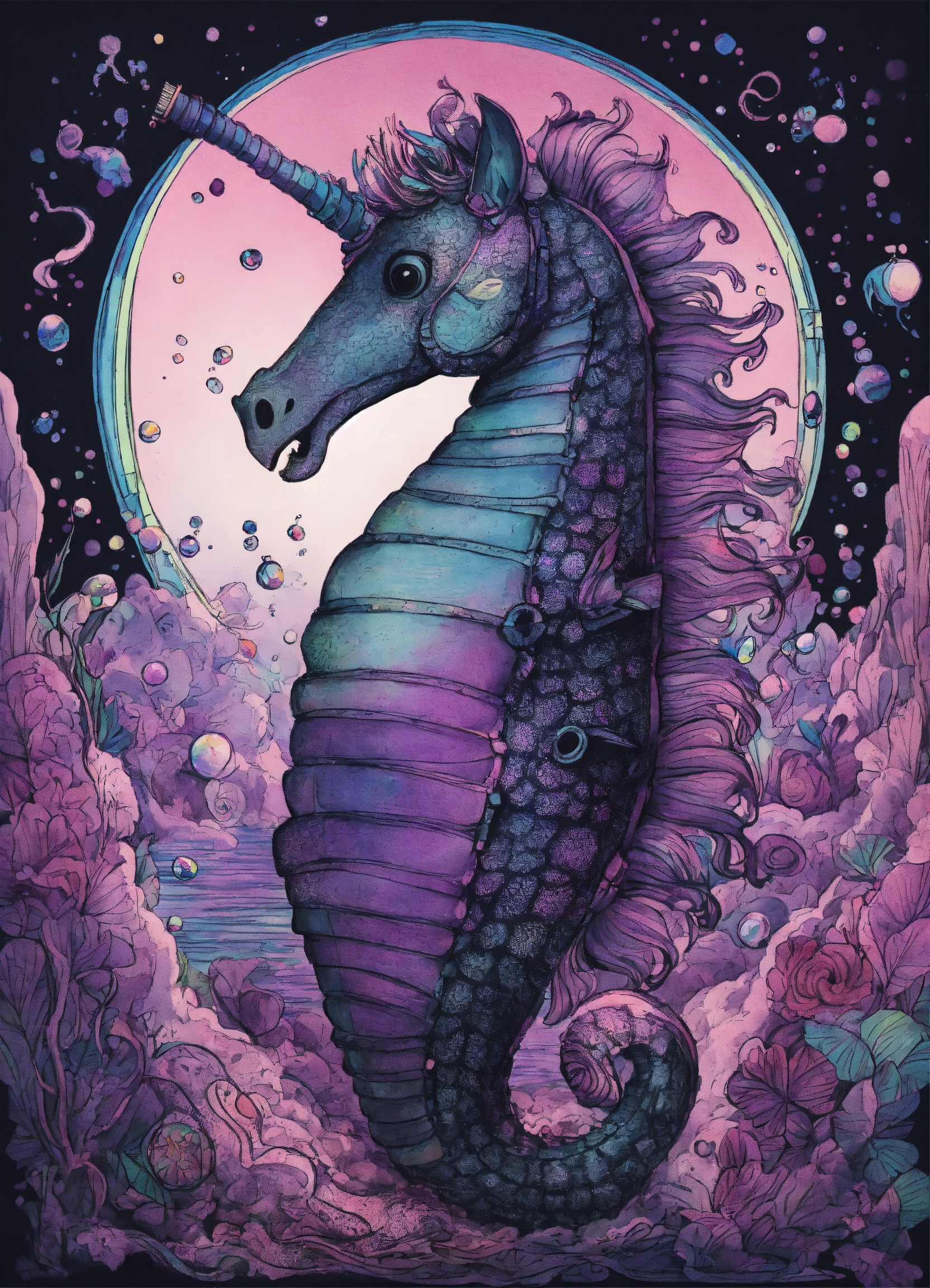 Lexica - An ink drawing of an anthropomorphic sea horse at a rave