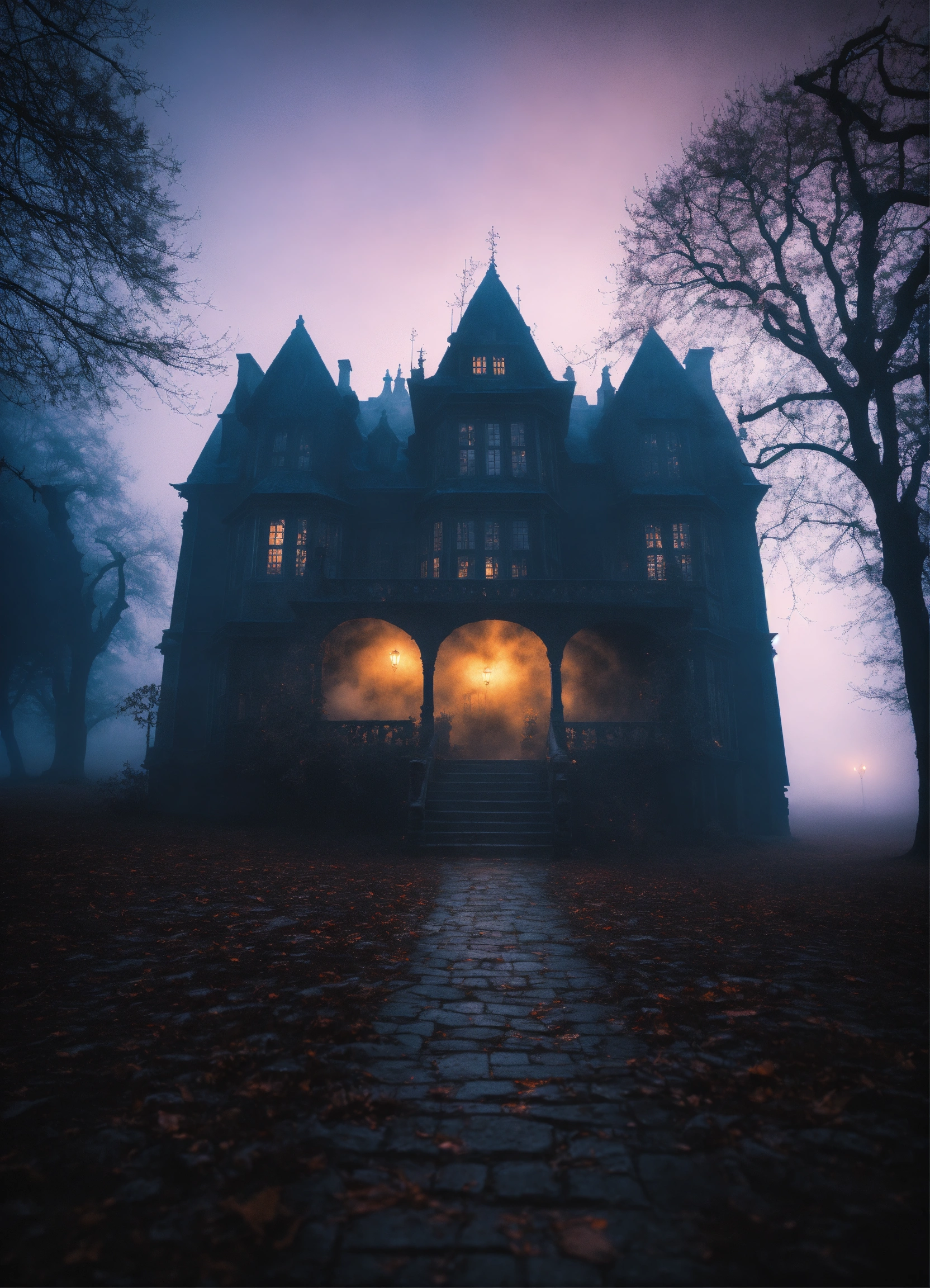Lexica - An Image of a dark manor set in a setting of fog and evil atmosphere