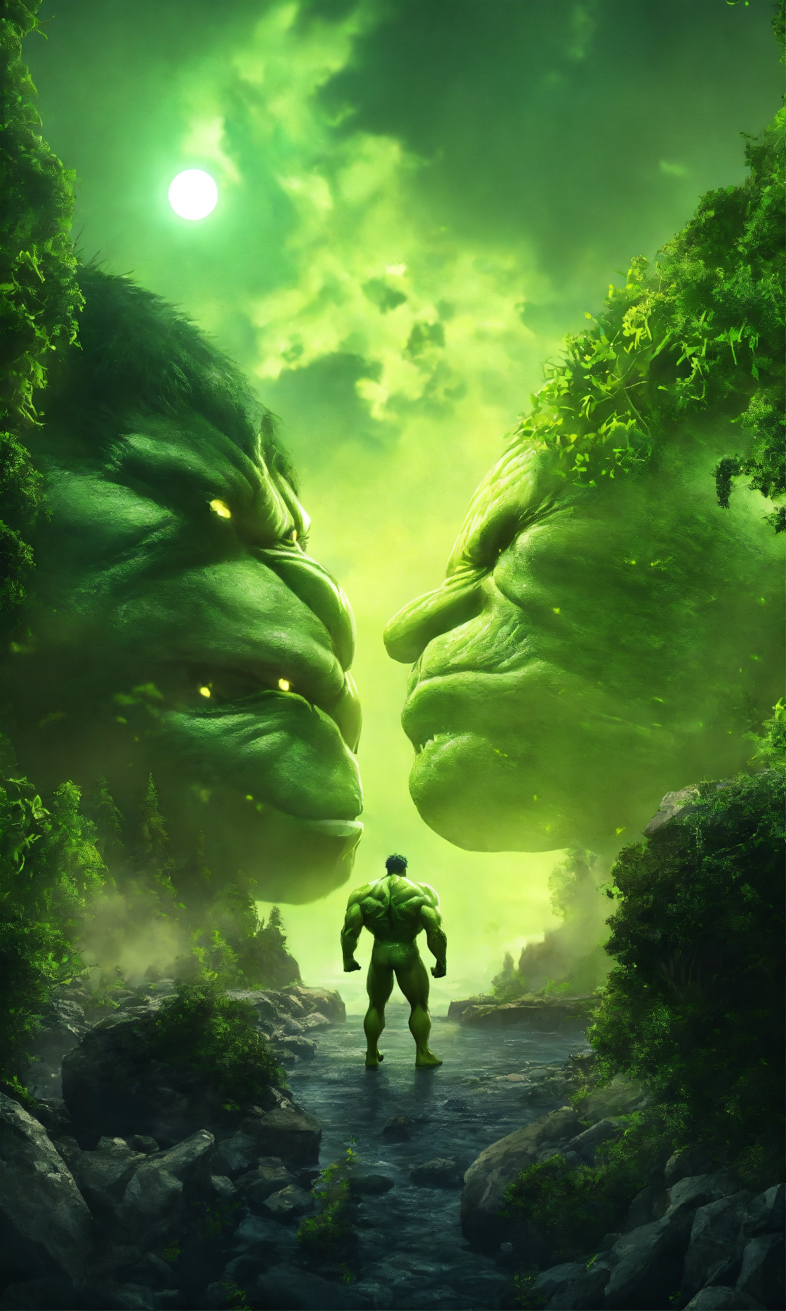Lexica - Hulk meets Hulk in the multiverse, nature background, 2D render