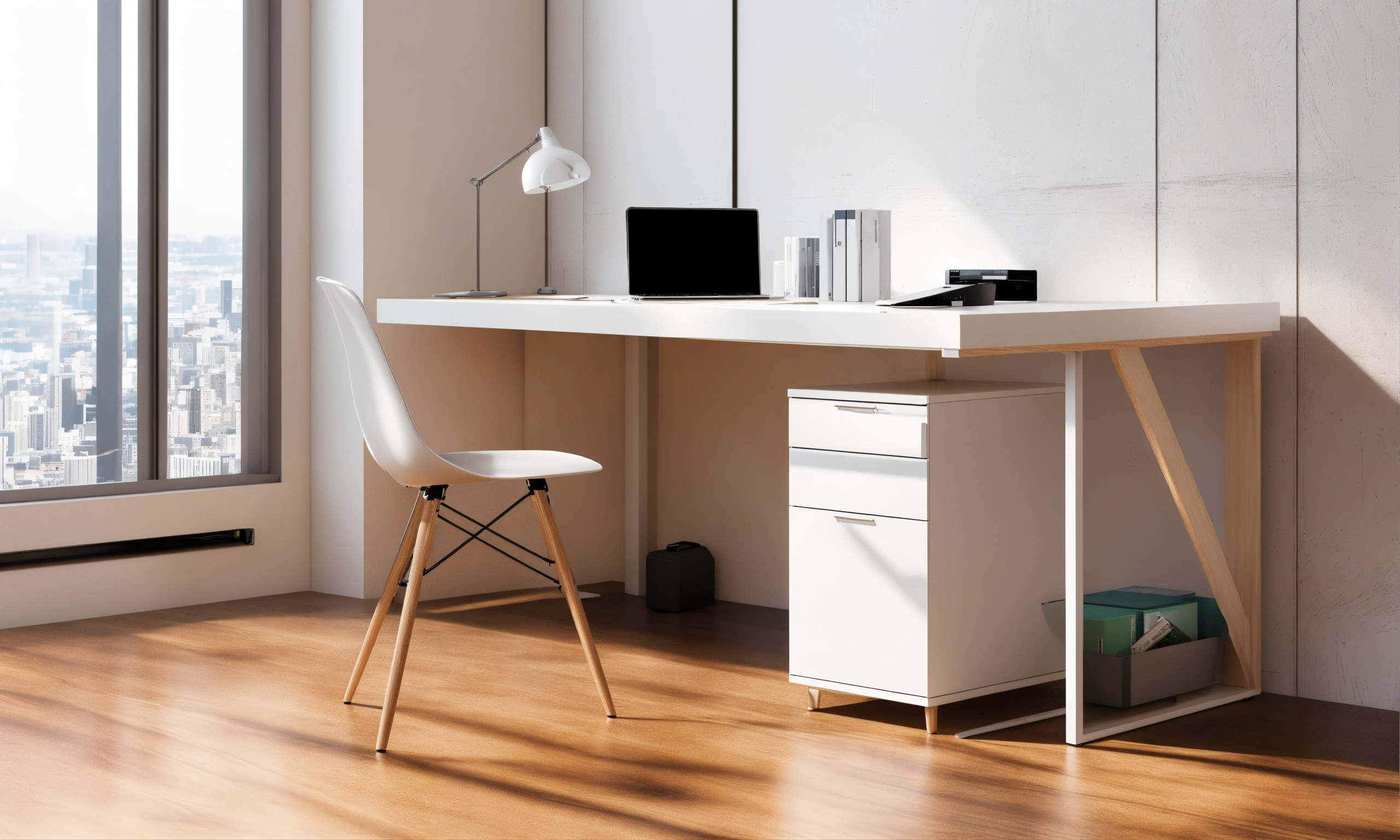 Lexica - White wood office desk, official, computer, close up, modern ...