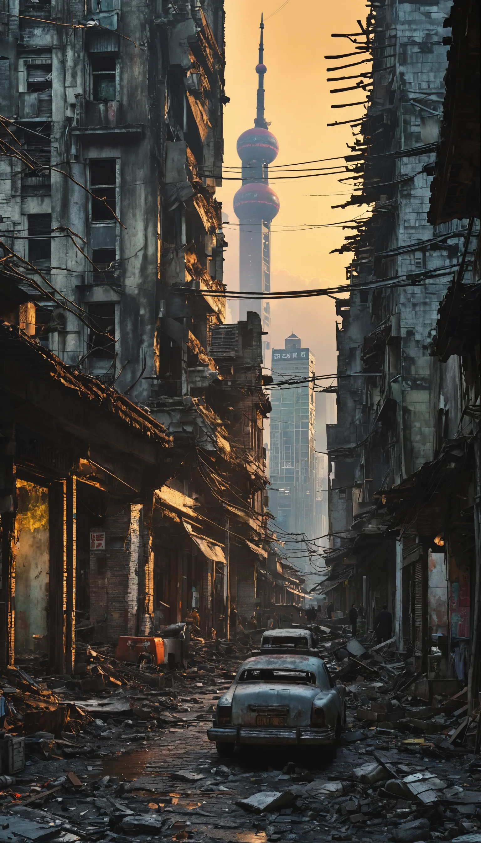 Lexica - Shanghai in ruins, destroyed city, dystopian retro futuristic ...