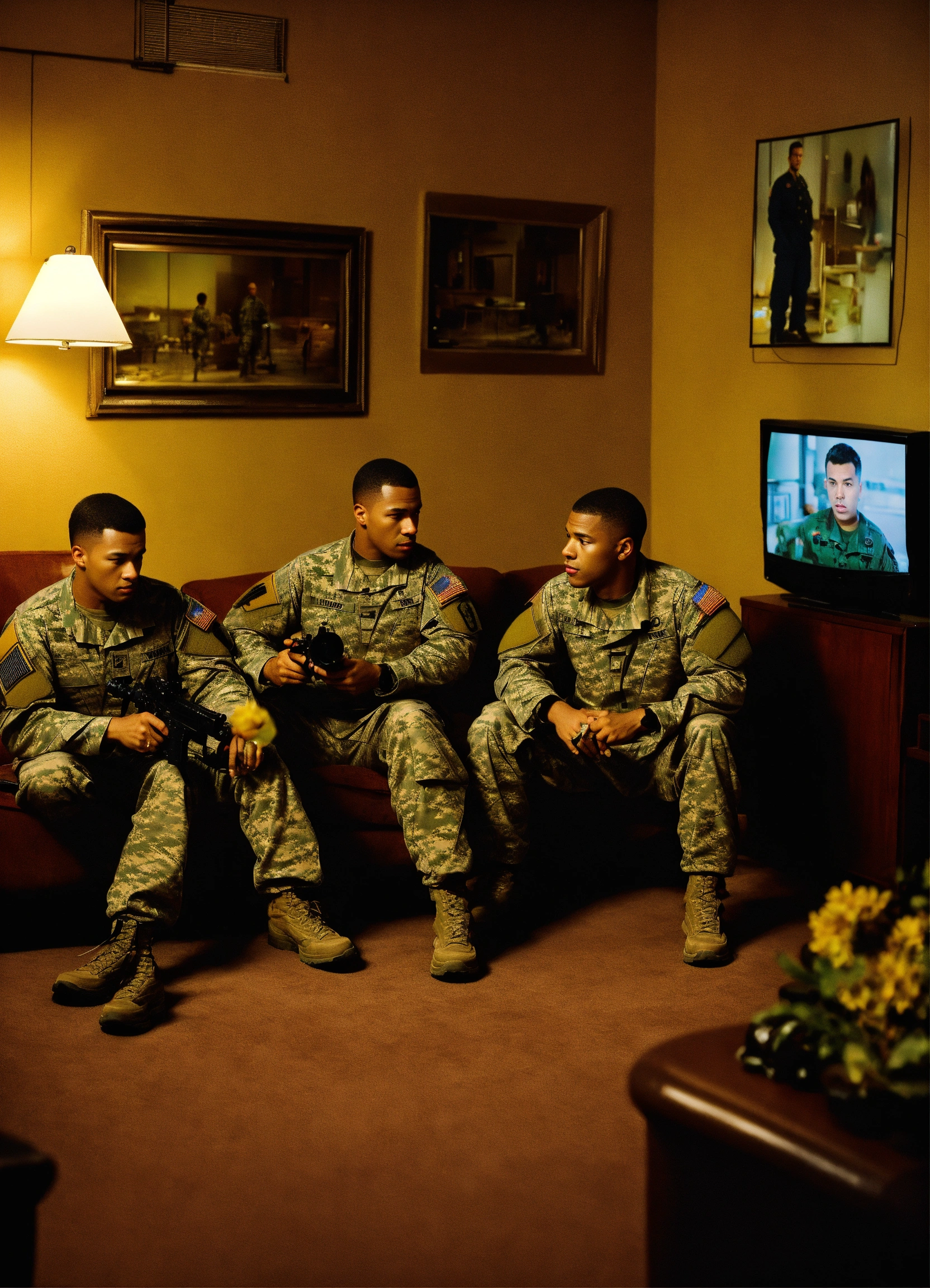 Lexica - Us soldiers, watching tv, living room, 2000s movie, photography