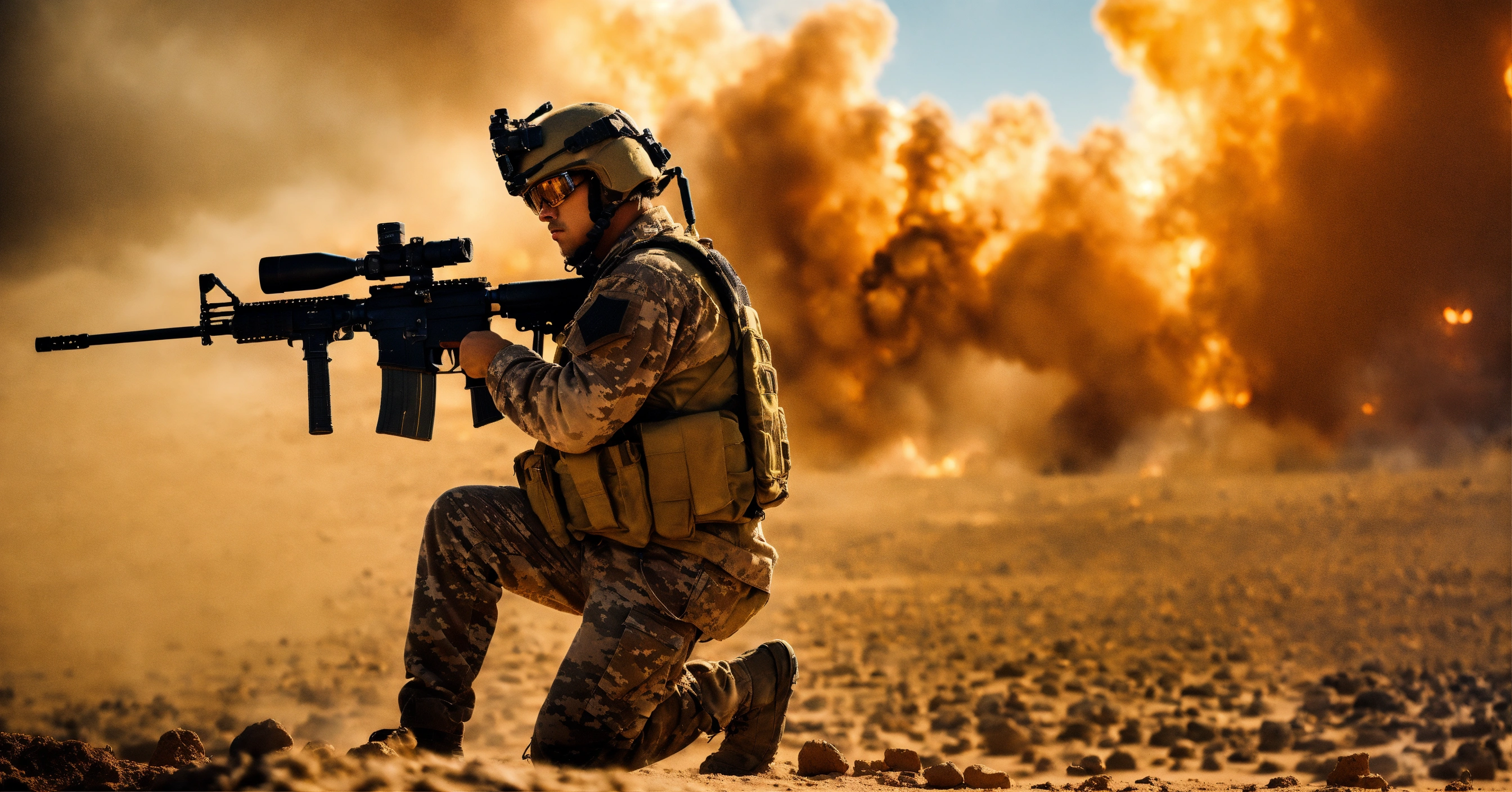 Lexica - Portrait of a lone solder with an AR-15 in the desert ...