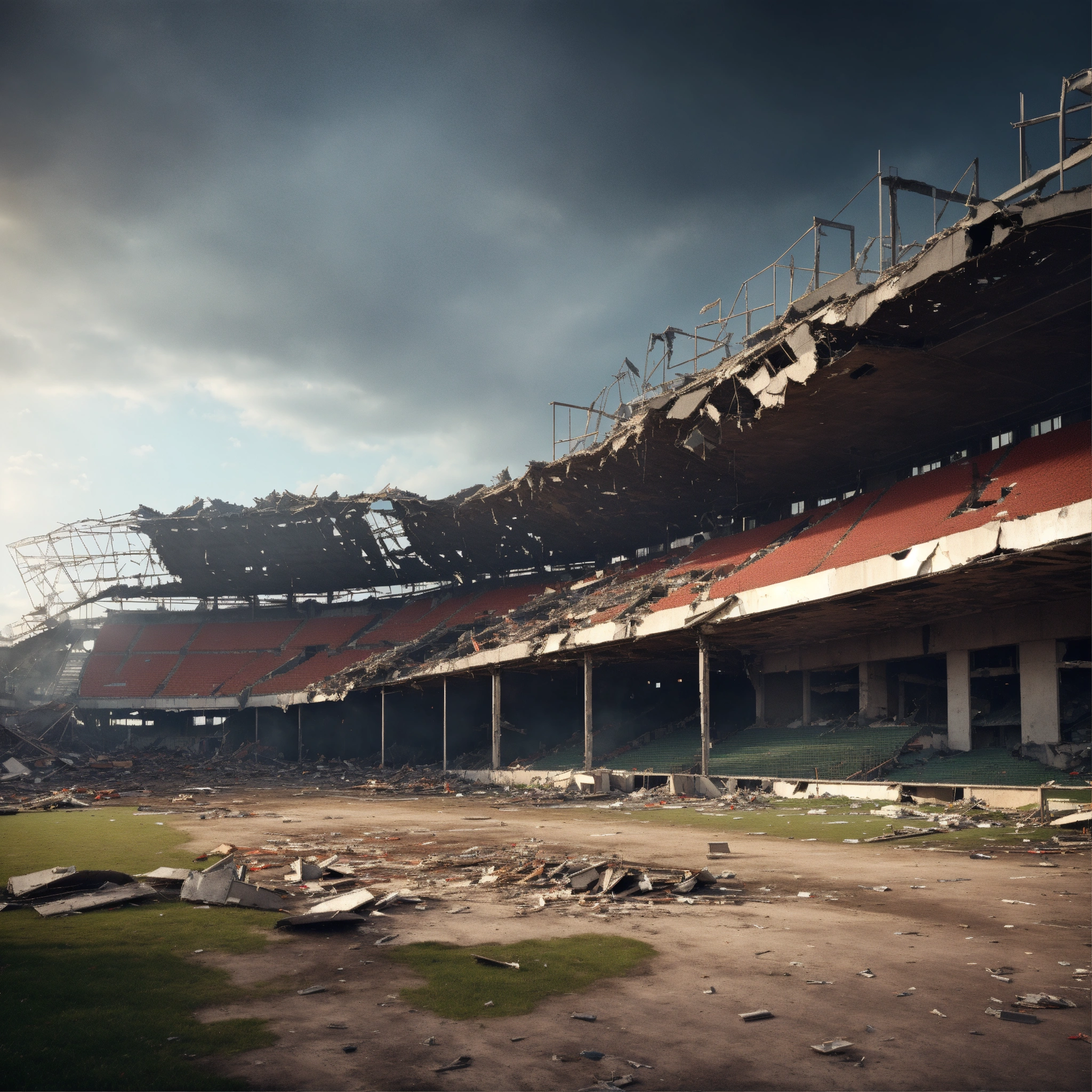 Lexica - Destroyed football stadium building, cinematic