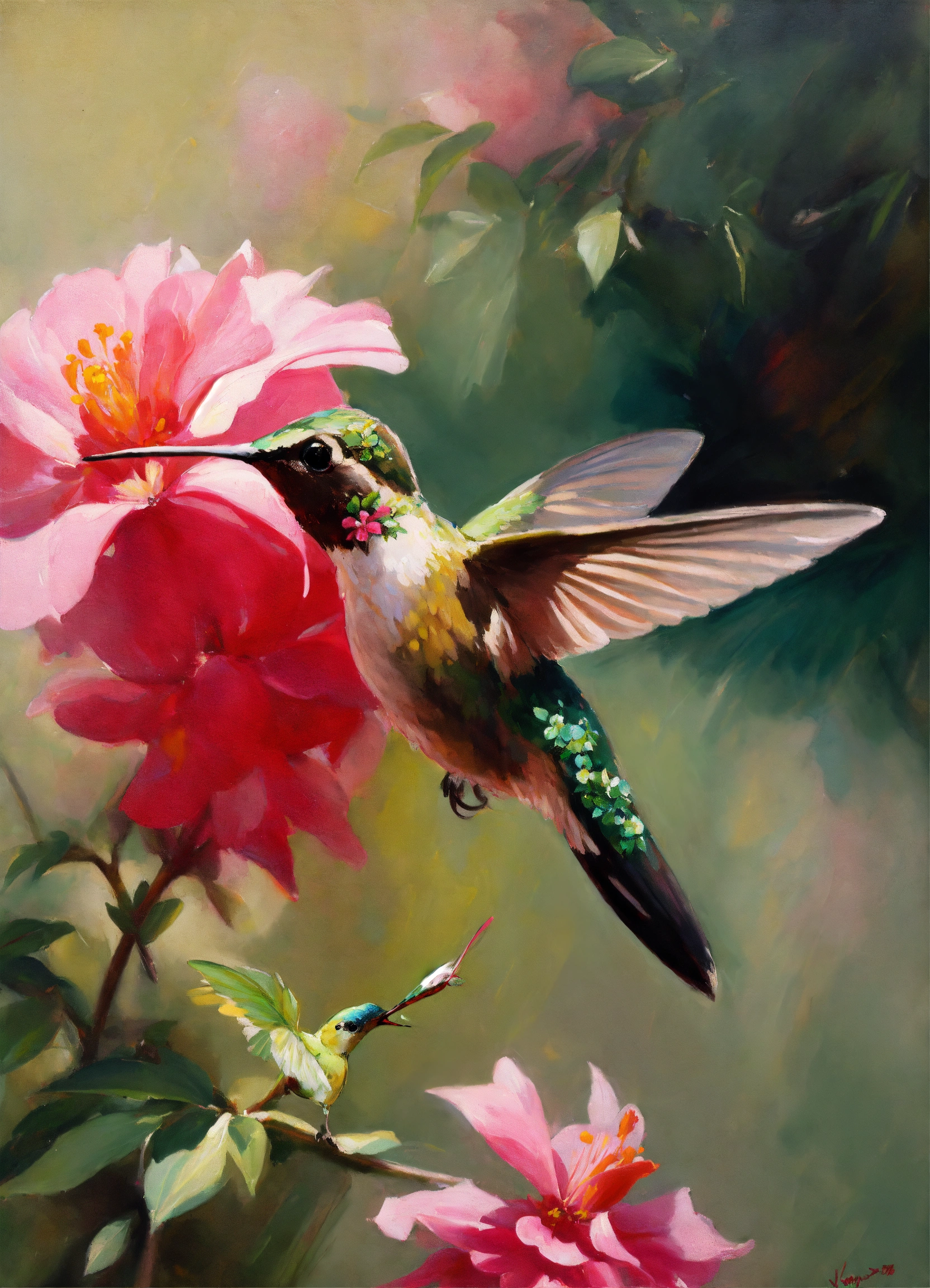 Lexica - Oil painting of a hummingbird flying on a pink flower, in the ...