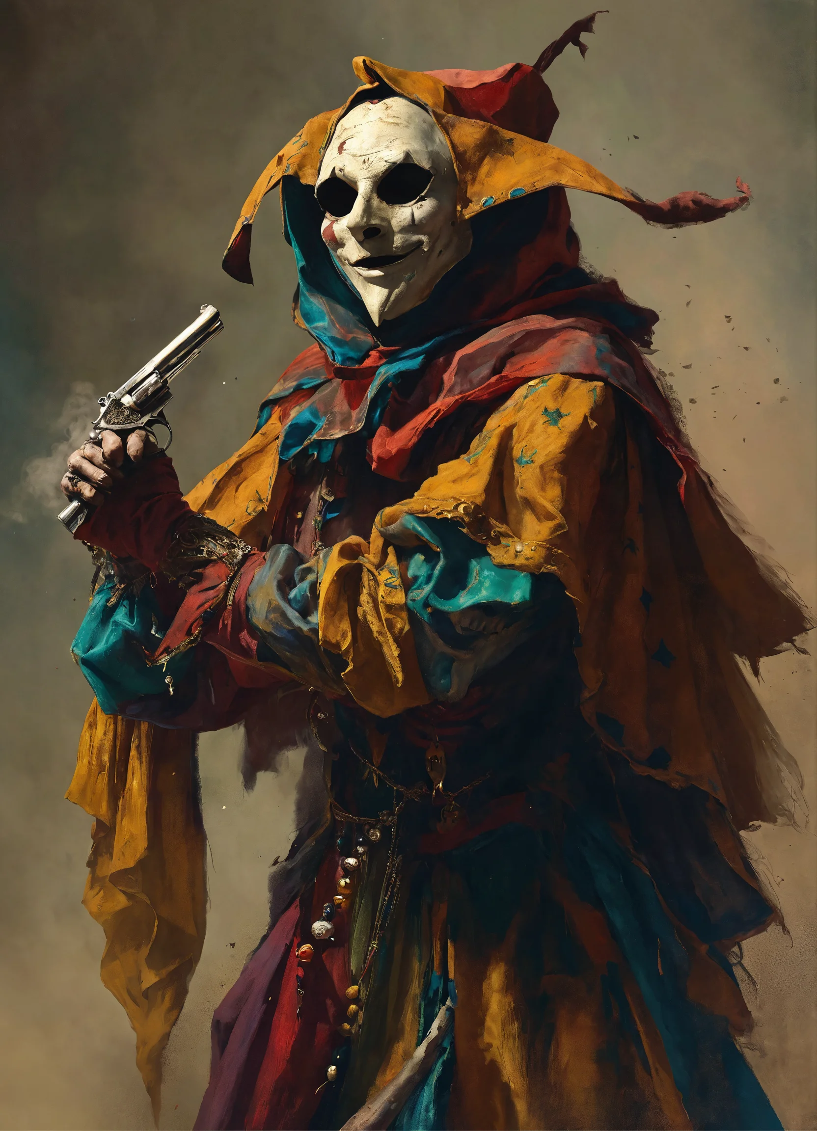 Lexica - Jester, bard in a mask, in a dust cloak with pistols