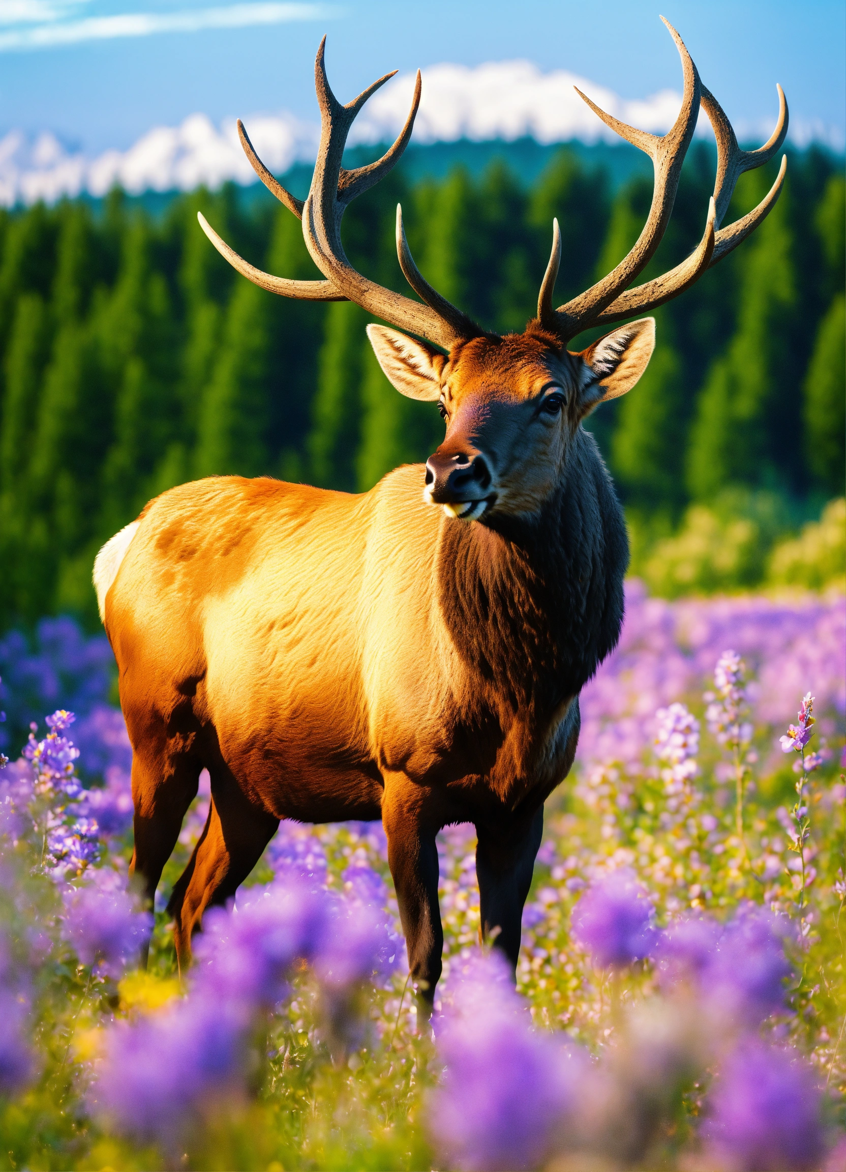 Lexica - A beautiful elk standing in a field of flowers trees in the ...
