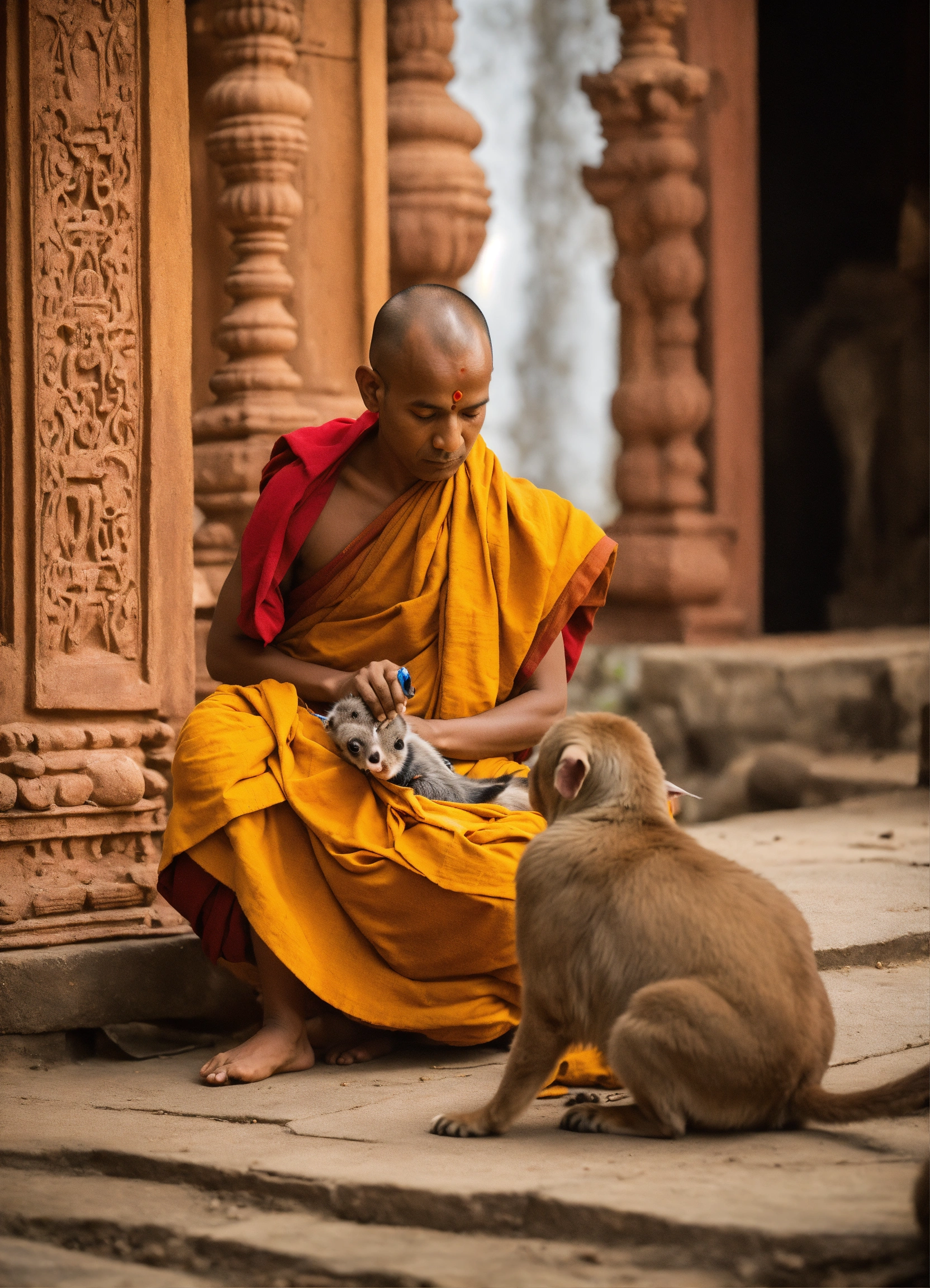 Lexica - Hindu monks taking care of animal, old hindu monestary