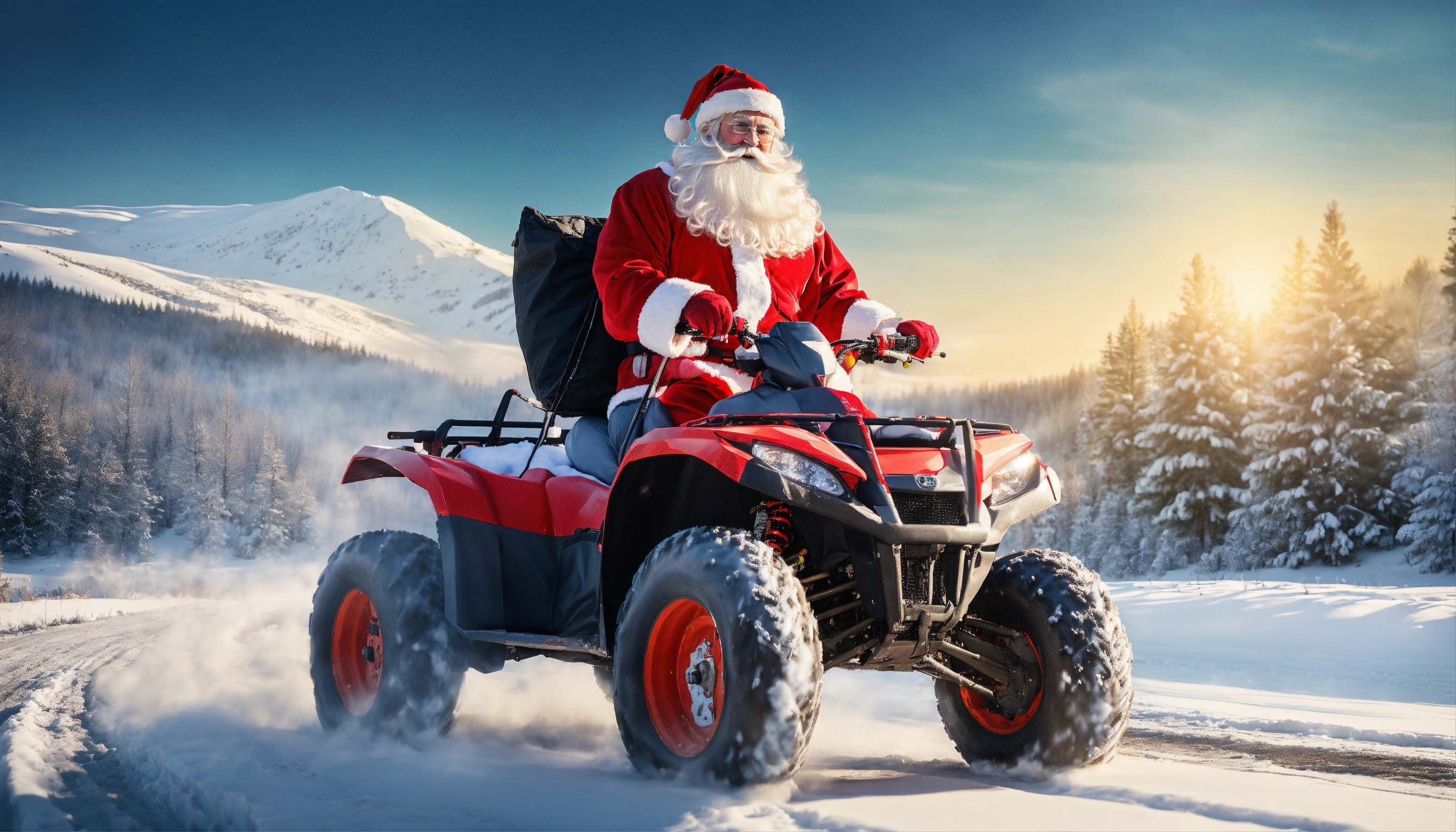 Lexica - Santa Claus with big sack bag rides along a snowy road on an ...