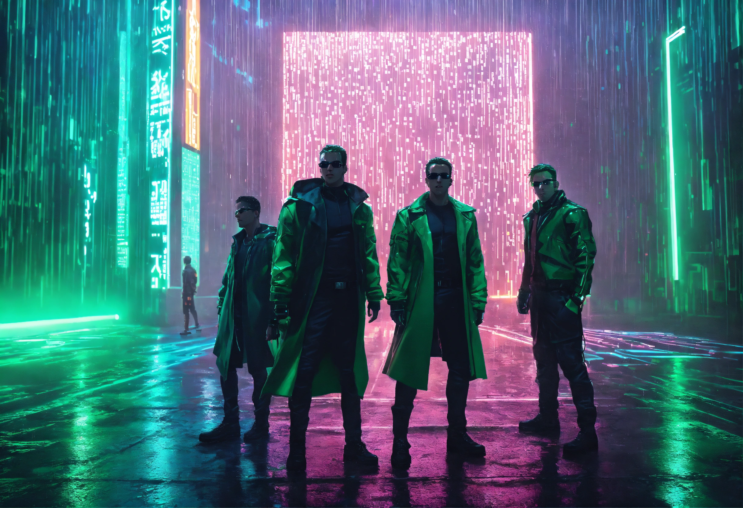 Lexica - 4 guys, green and black futuristic, cyberpunk. In the ...