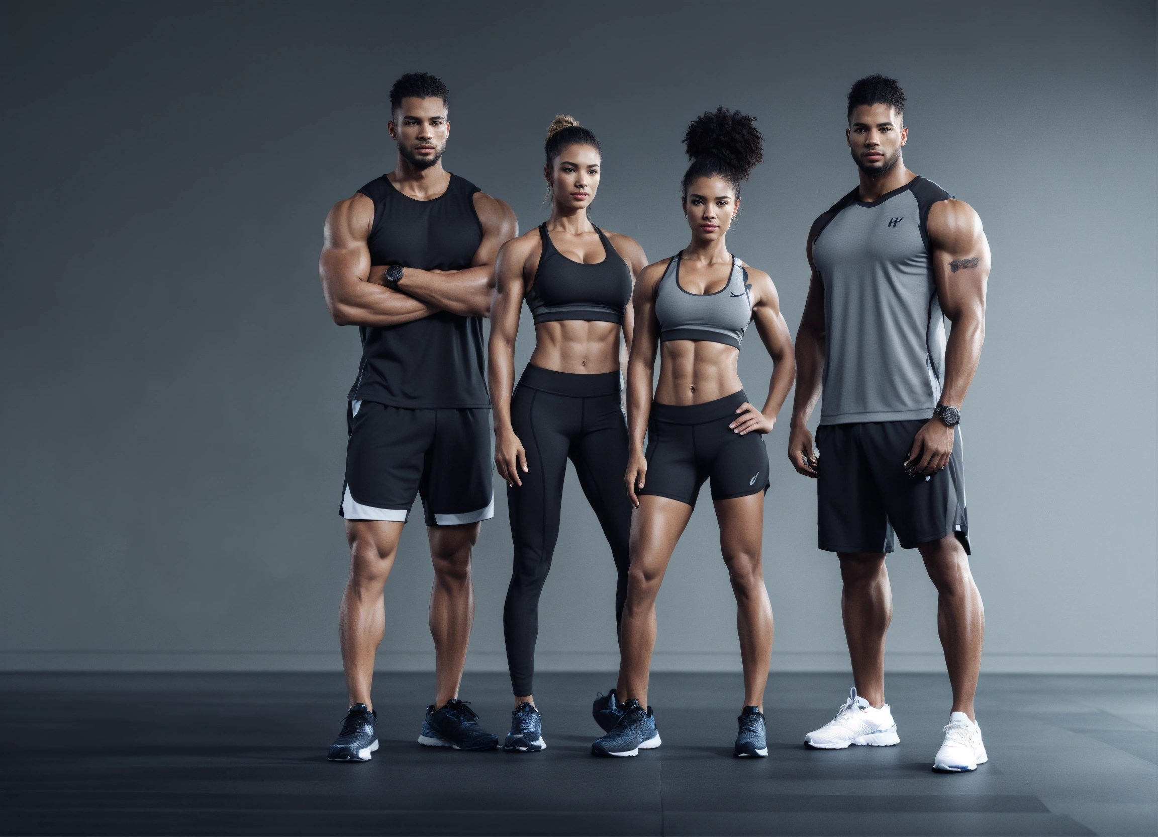 Lexica - Fitness people, black color fitness wear, front view, studio ...