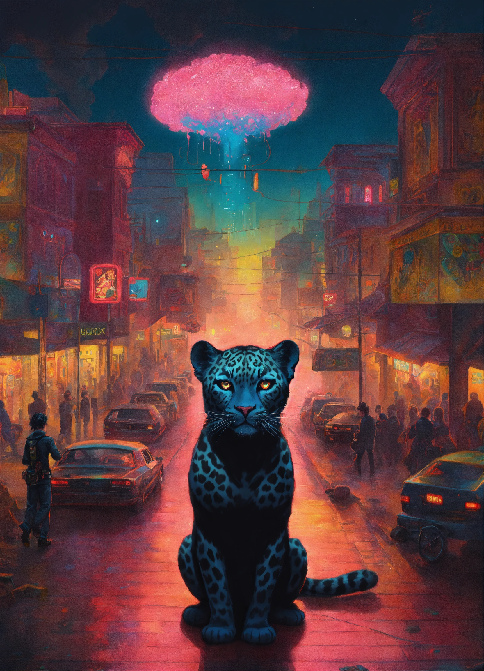 Lexica - Black colors, a shapeshifter, leopard, explosion in background ...