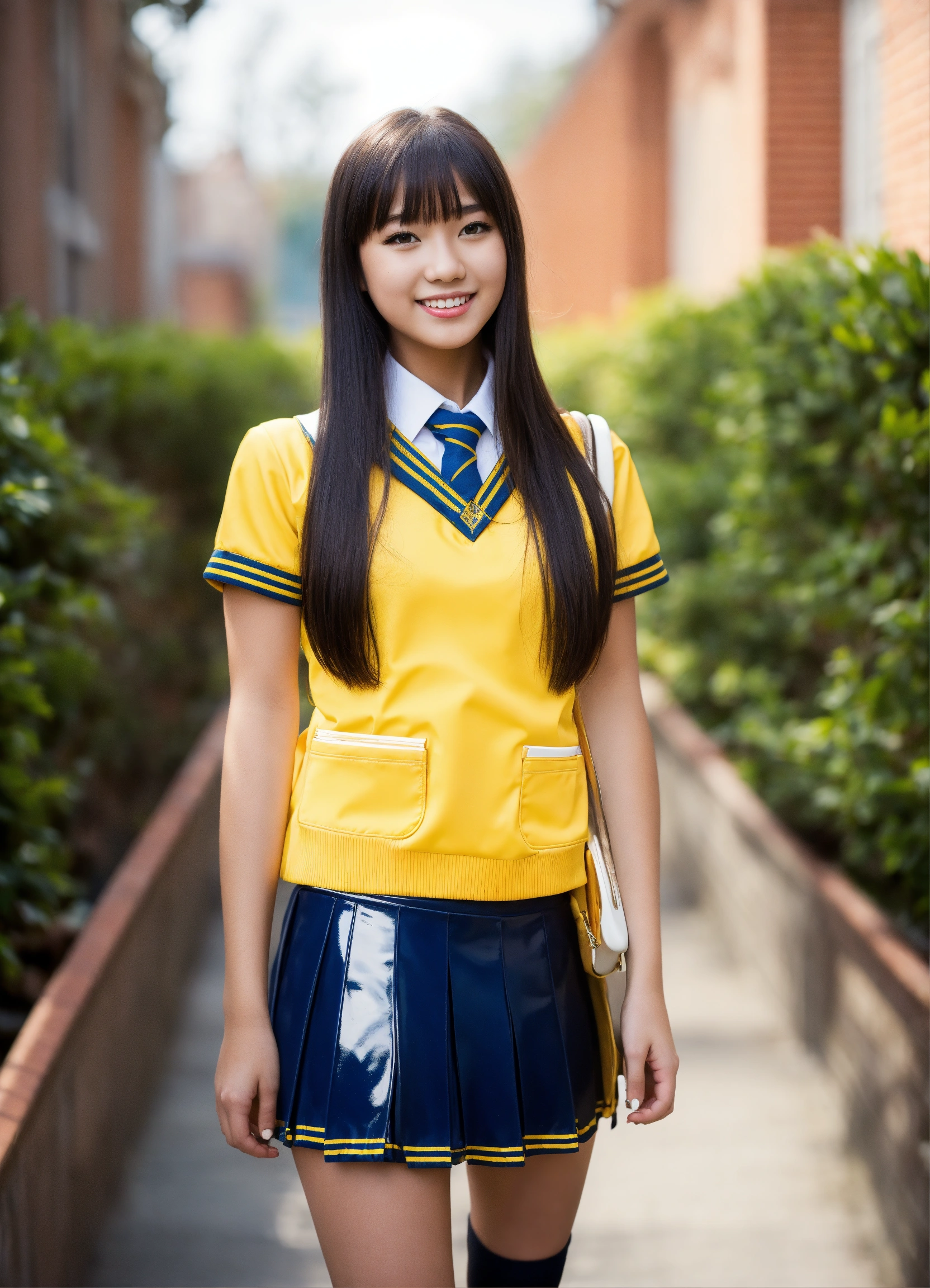 Lexica - Girl in glossy yellow school uniform miniskirt