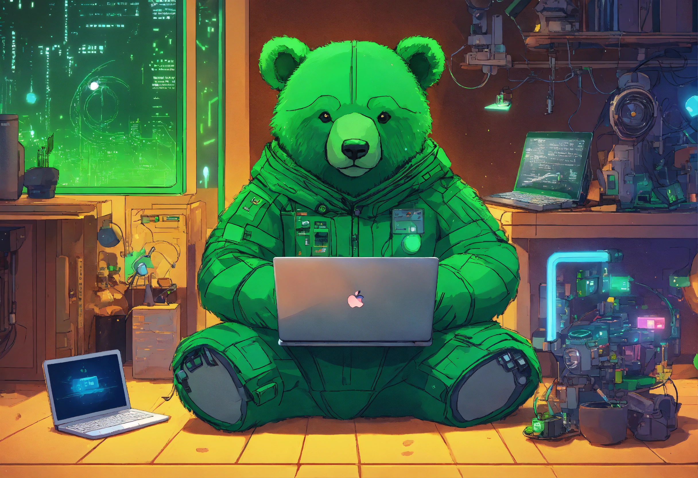 Lexica - New Year's cyberpunk green bear with a laptop around a particle of code and the ...