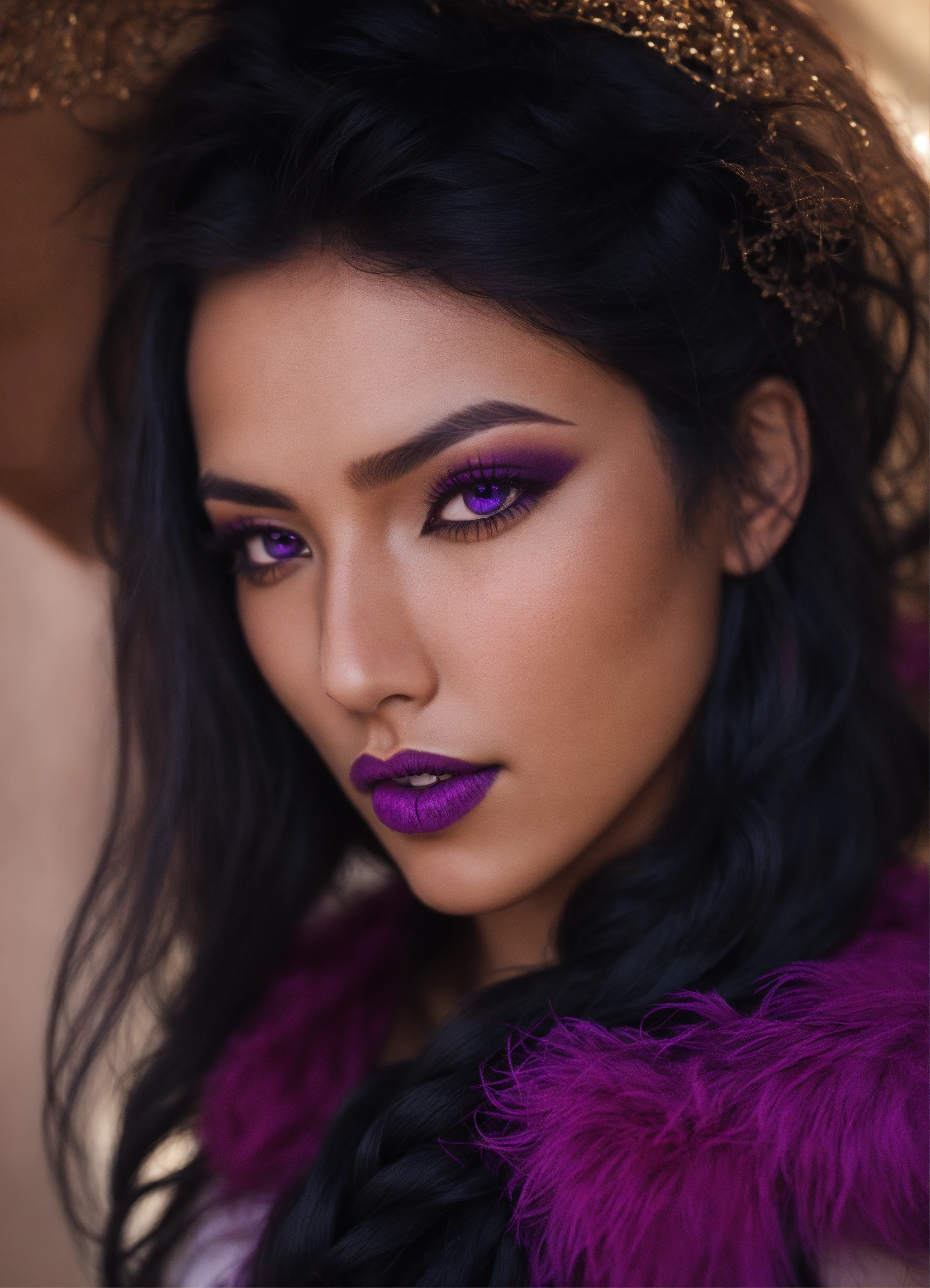 Lexica - Long raven hair purple eyes big amaranth lips tan skin
