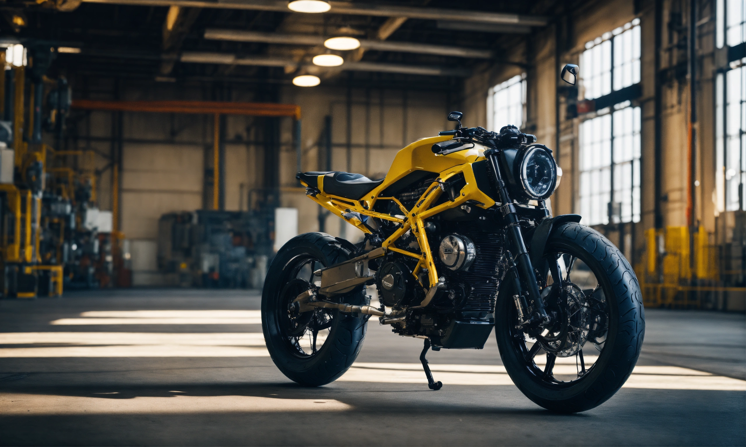 Lexica - An exoskeleton in an industrial factory, moto bike, 8k.