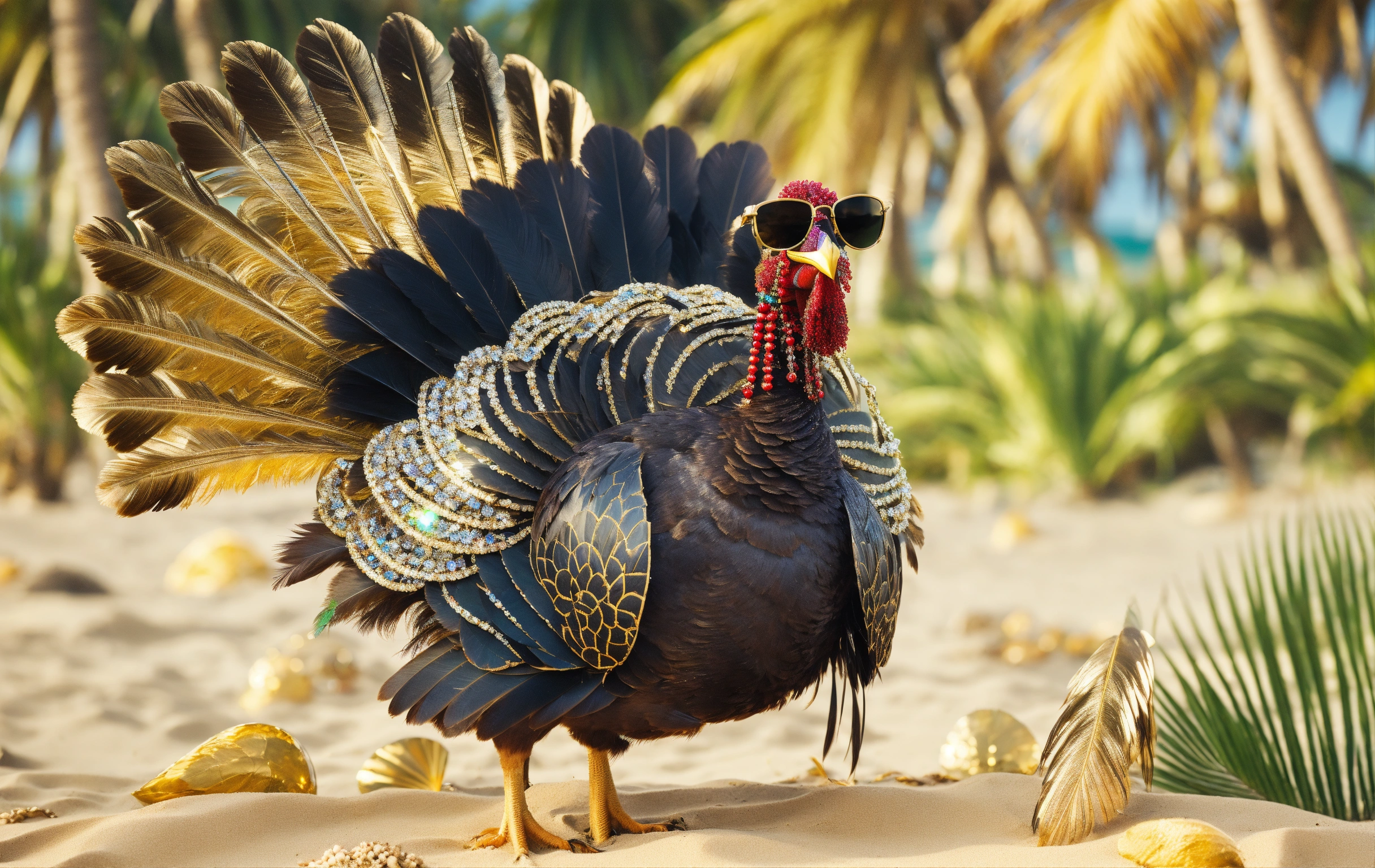 Lexica - Lucky Turkey with sunglasses on the beach with gold and ...
