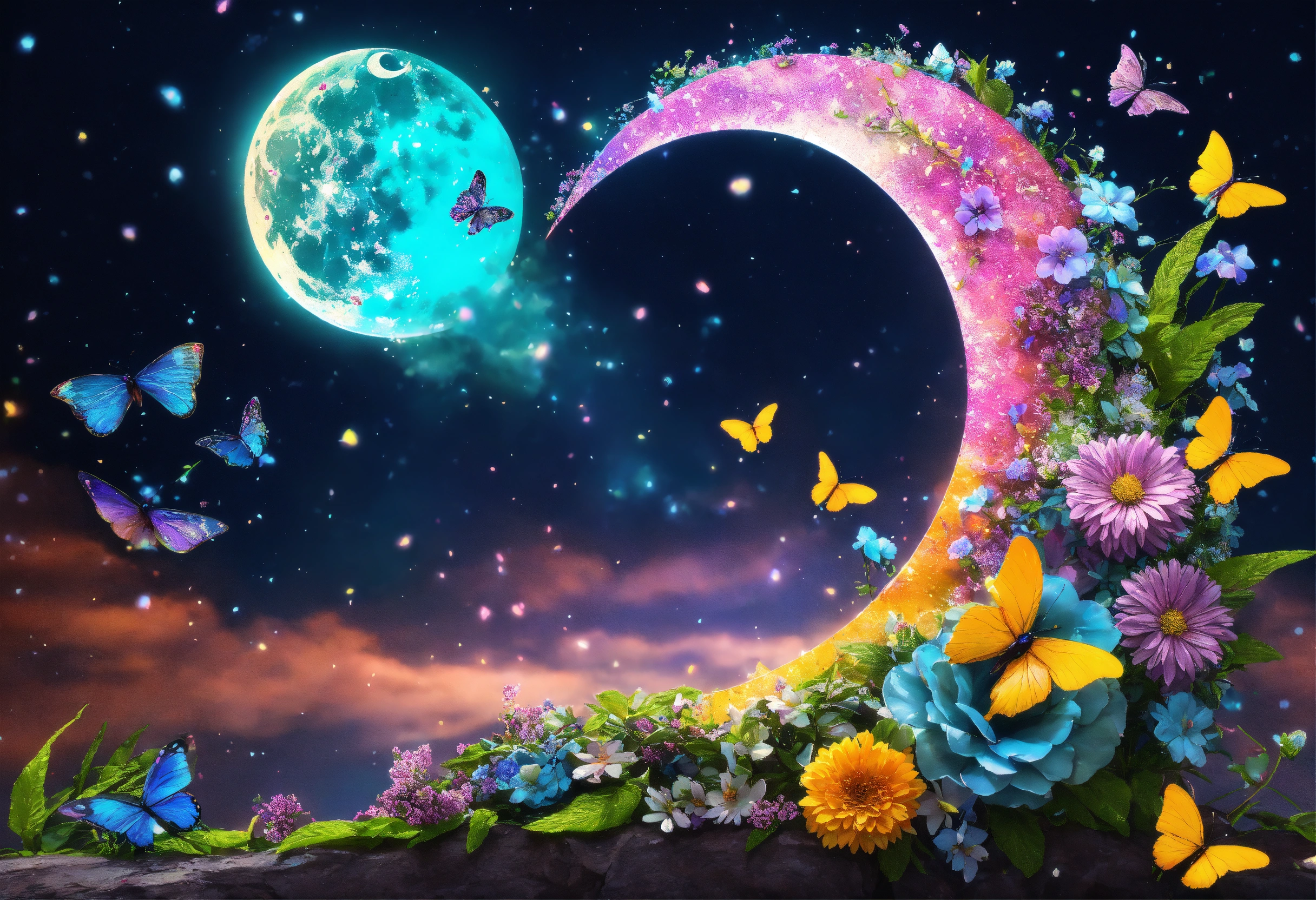 Lexica - A crescent moon with butterflies and flowers made of glittery ...