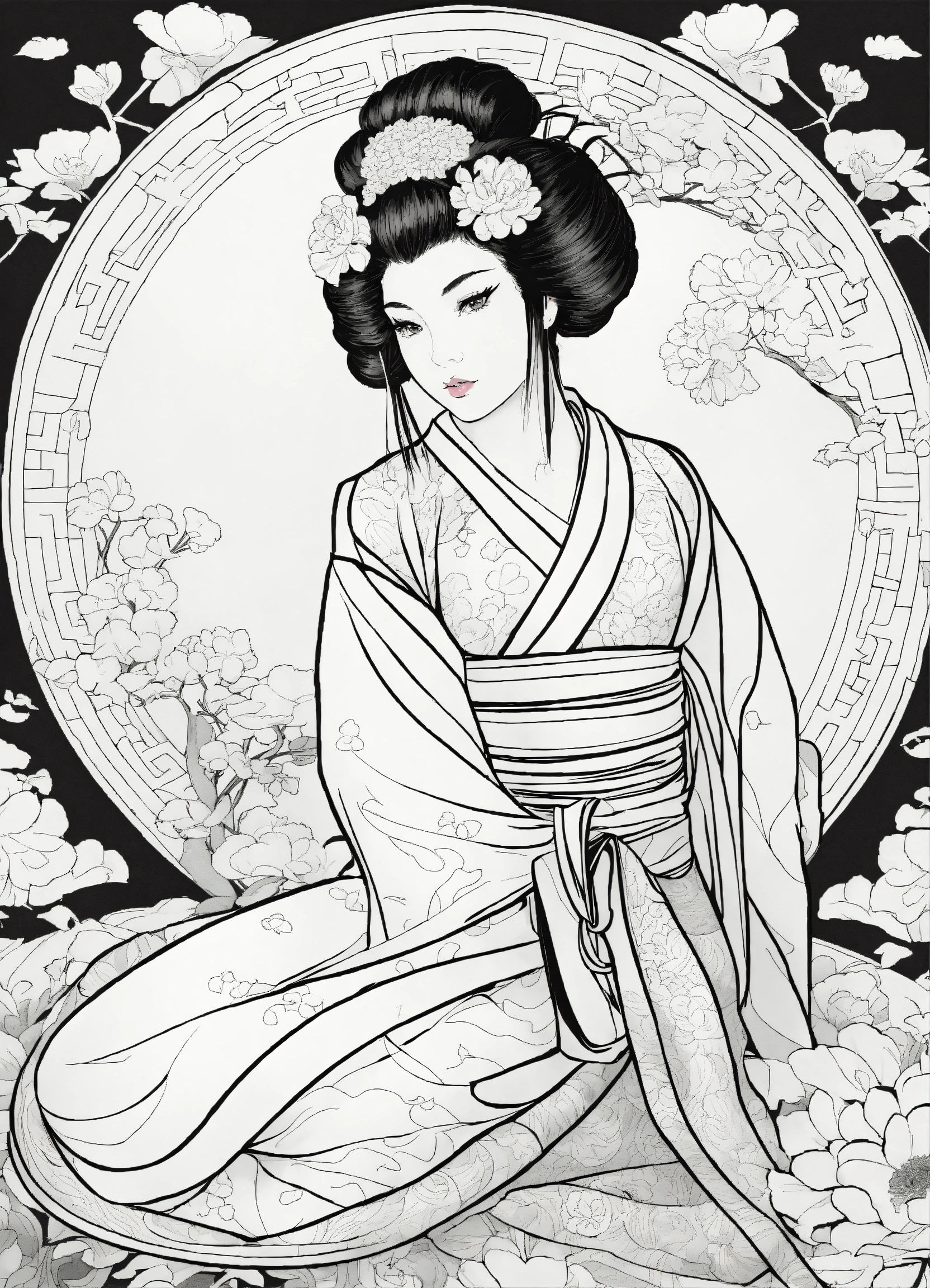 Lexica - Adult Coloring Book Page of a Geisha pin-up, Line Art, Black ...
