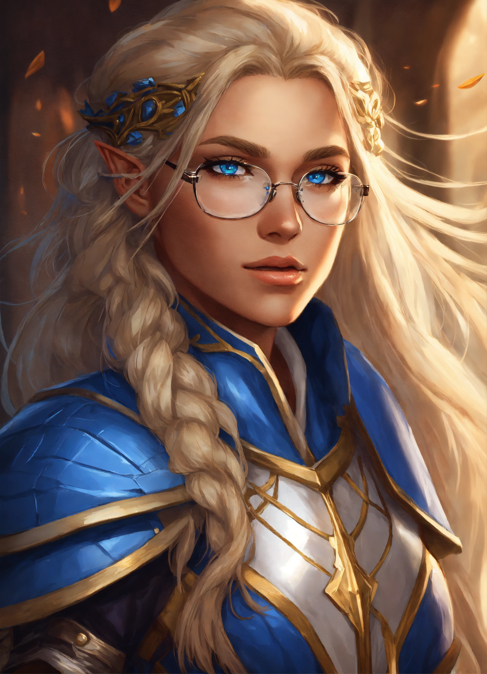 Lexica - A half-elf female with very tanned skin, wearing glasses with ...