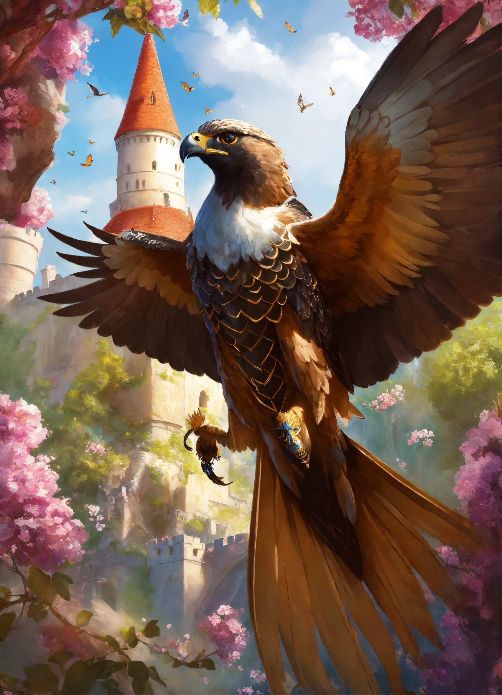 Lexica - Big animal falcon, wears magical armor, flying around castle ...