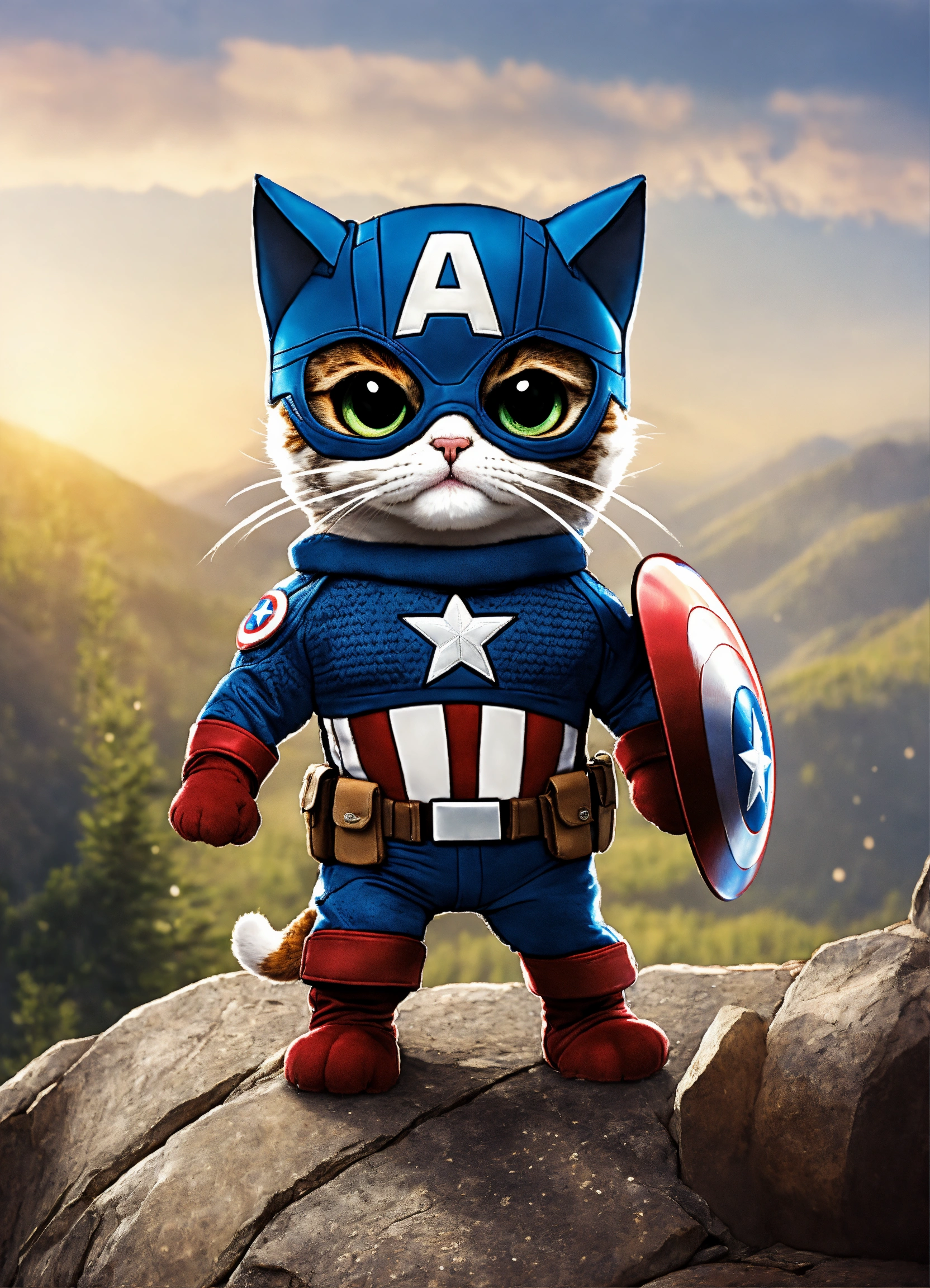 Lexica - A cat wearing a Captain America suit in the mountains fighting ...