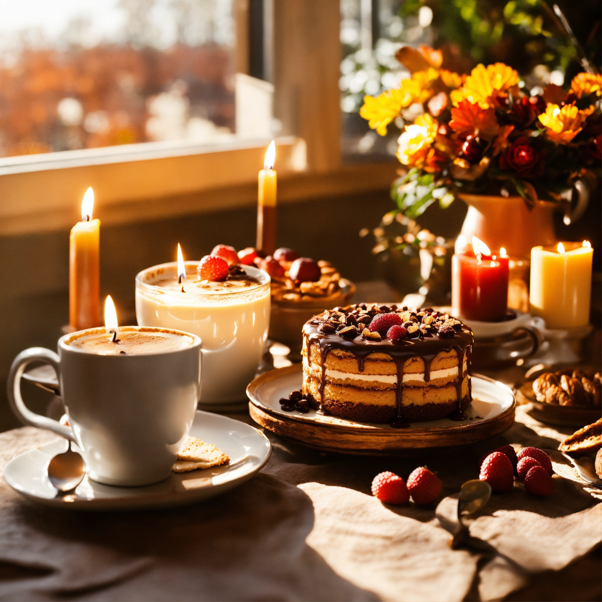 Lexica - Breakfast table hot coffee birthday cake with candles some ...