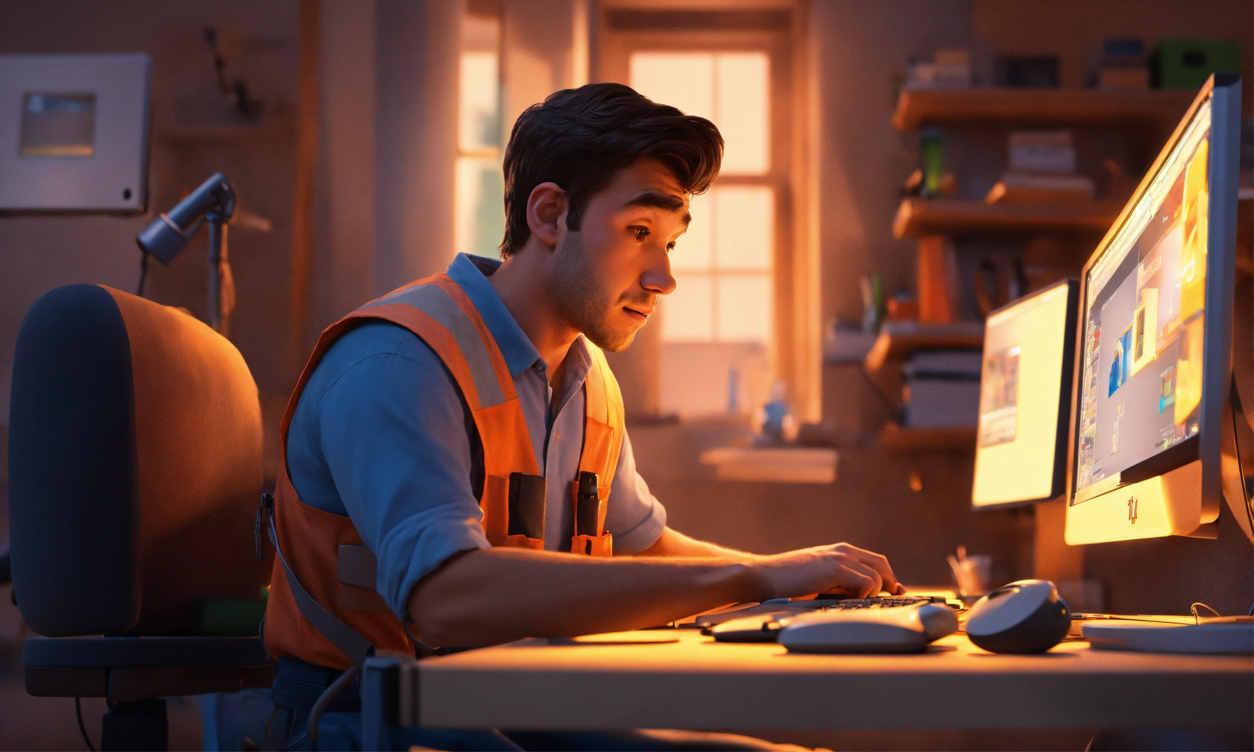 Lexica - Generate a Disney Pixar style image, man working hard in front ...