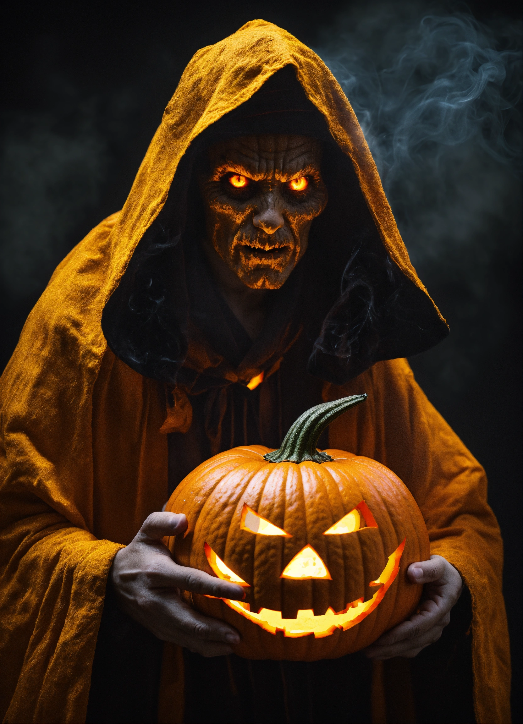 Lexica - Spooky wicked conjurer with orange eyes wearing a robe, carved ...