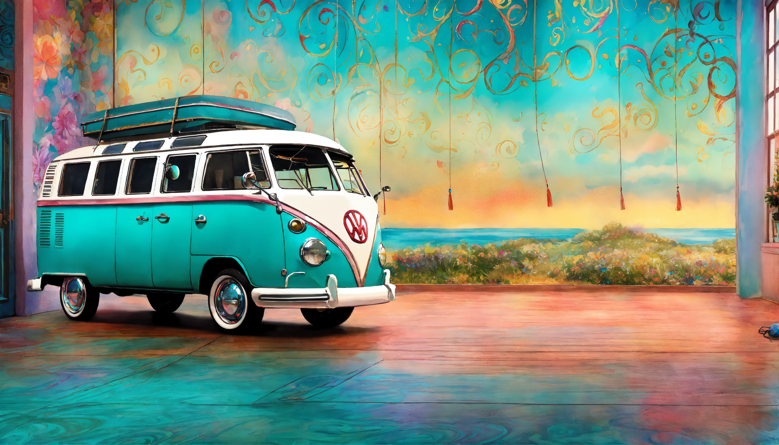 Lexica - Concept art of hyper realistic turquoise Volkswagen bus ...