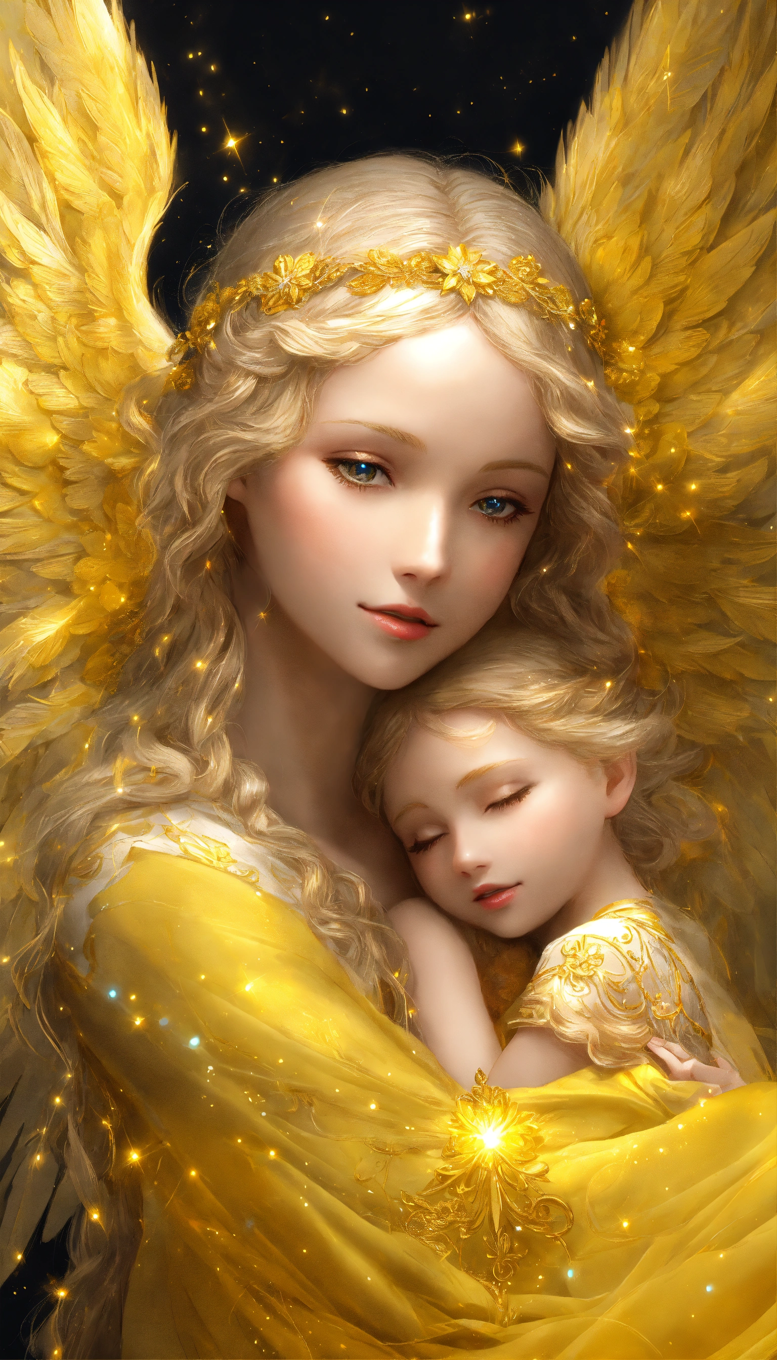 Lexica - 2 Guardian angel hugging a beautiful and defined little angel ...