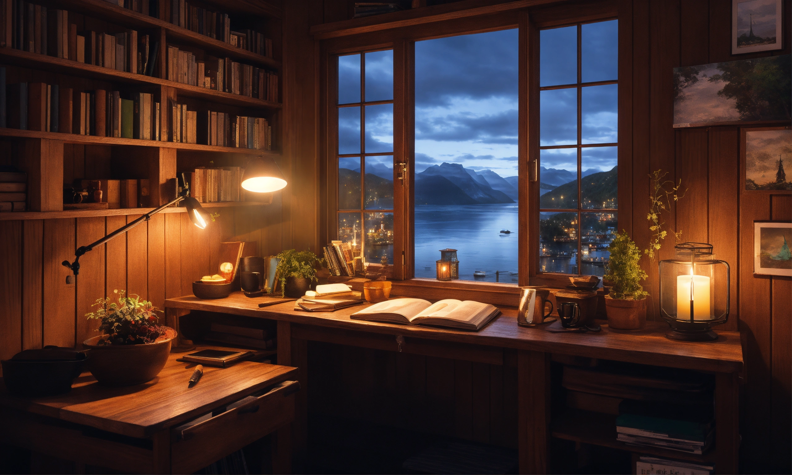 Lexica - Anime study room in finland against fjord, big centered window ...