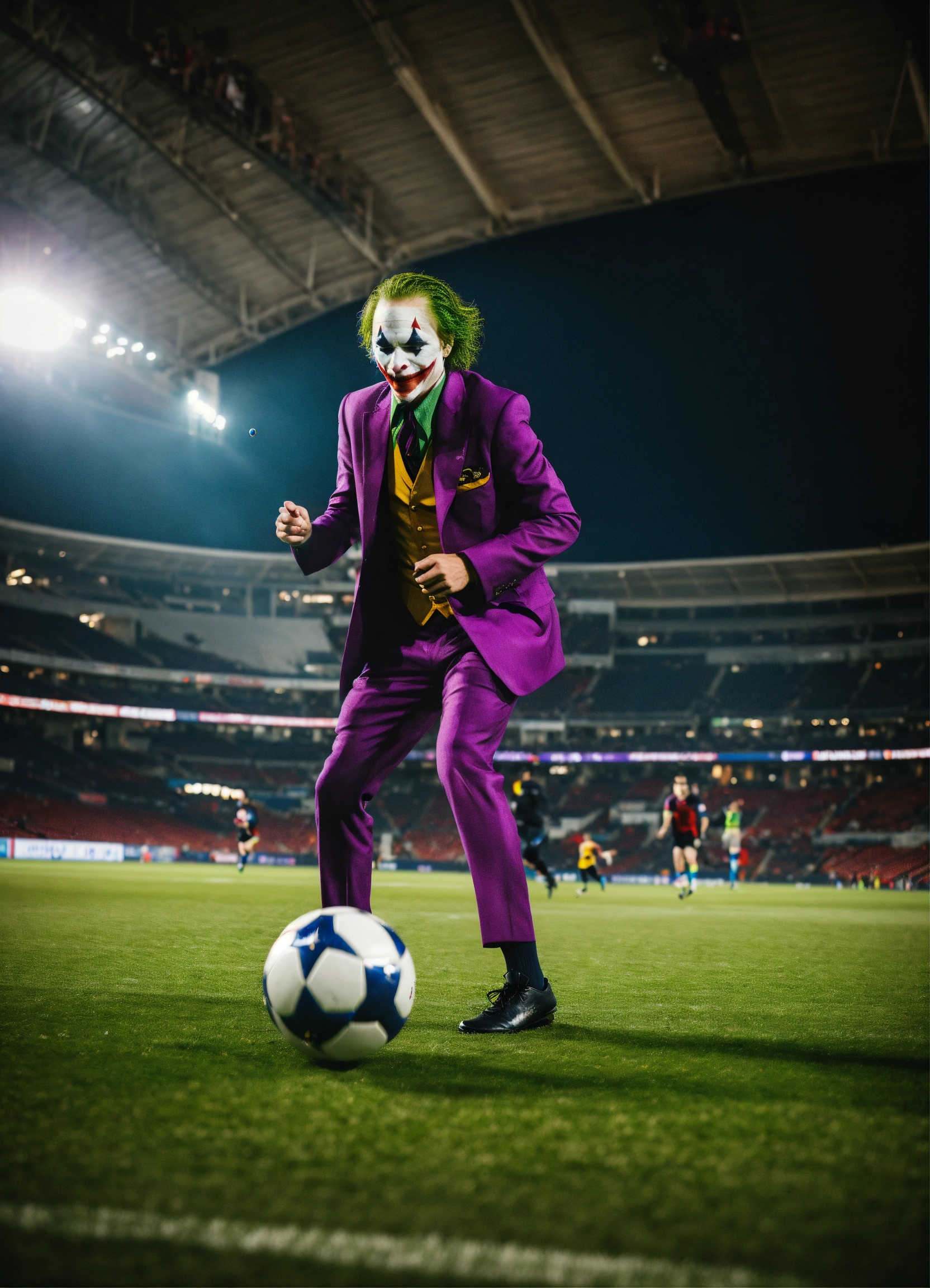 Lexica - Joker playing football in stadium clear camera focus