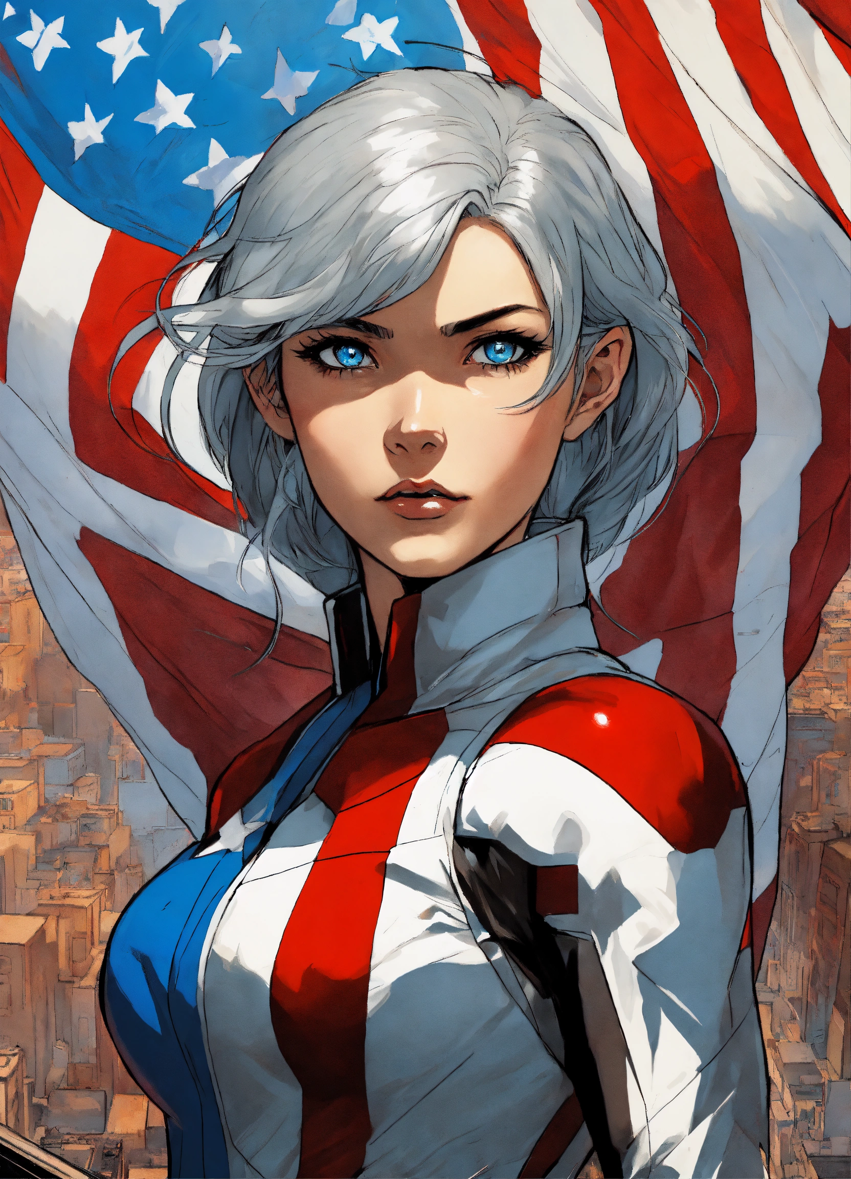 Lexica - Grey-haired female vigilante, combat stance, glowing blue eyes ...