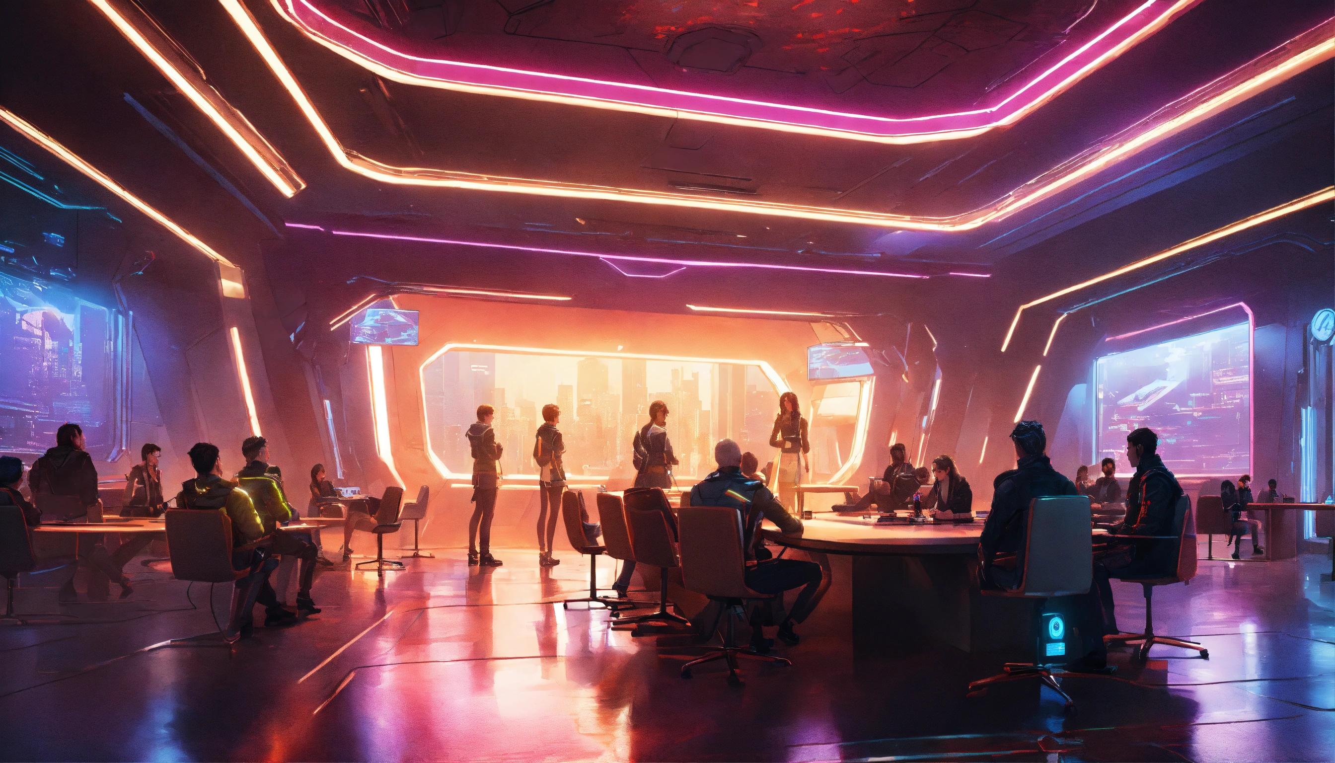 Lexica - Futuristic meeting hall, people in chairs around table ...