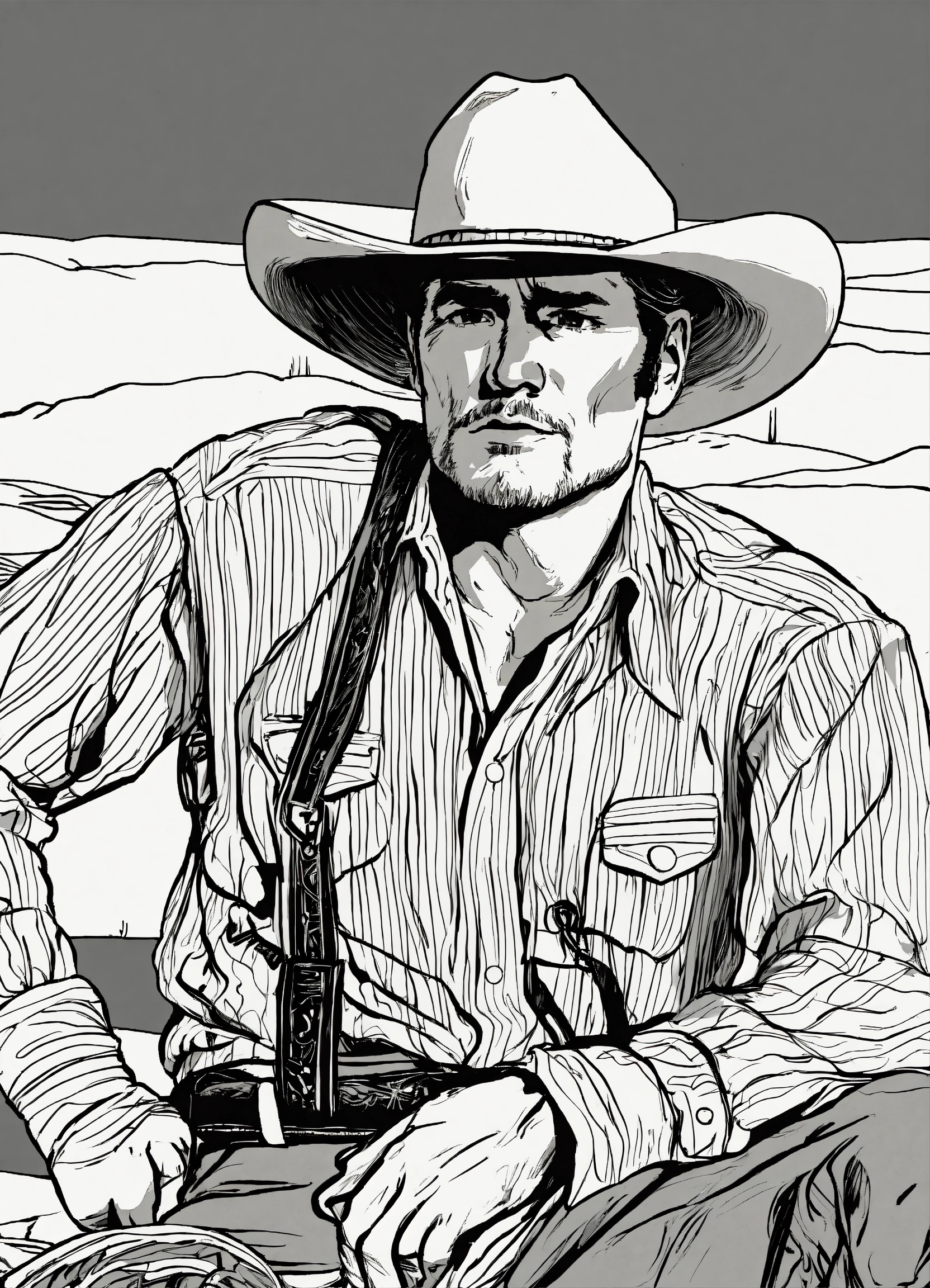 Lexica - Black and white line drawing of vaquero man, upper body, white ...