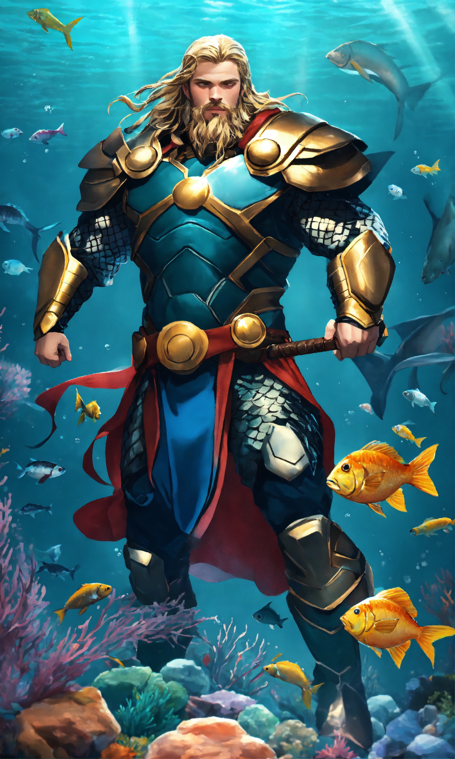 Lexica - Thor with fish underwater in the ocean, nature background, 2D ...