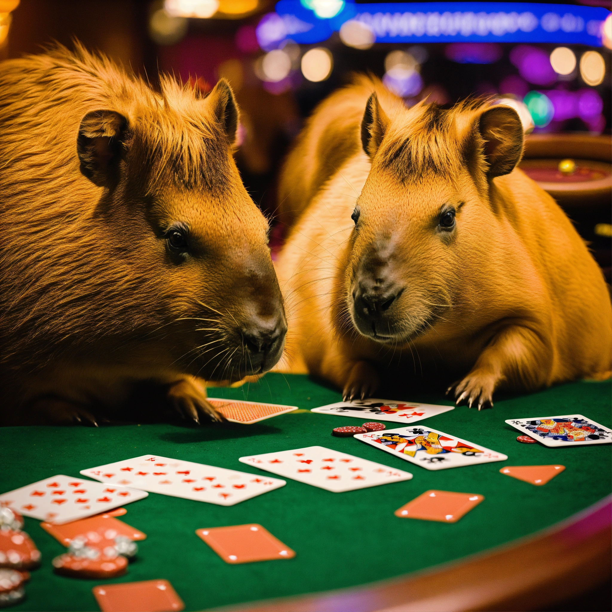 Lexica - Photo of a group of capybaras playing cards in a casino in Las ...