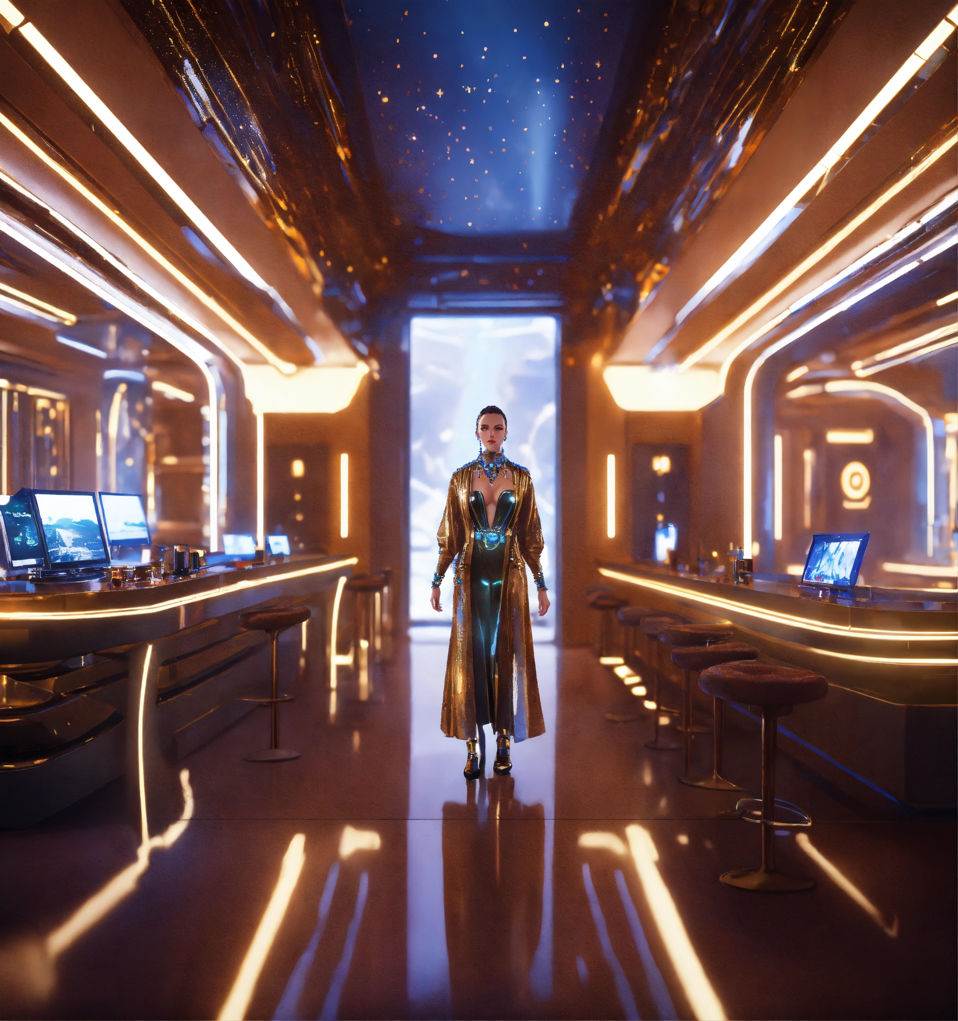 Lexica - Zoom out from an alluring humanoid wearing a fancy space robe ...