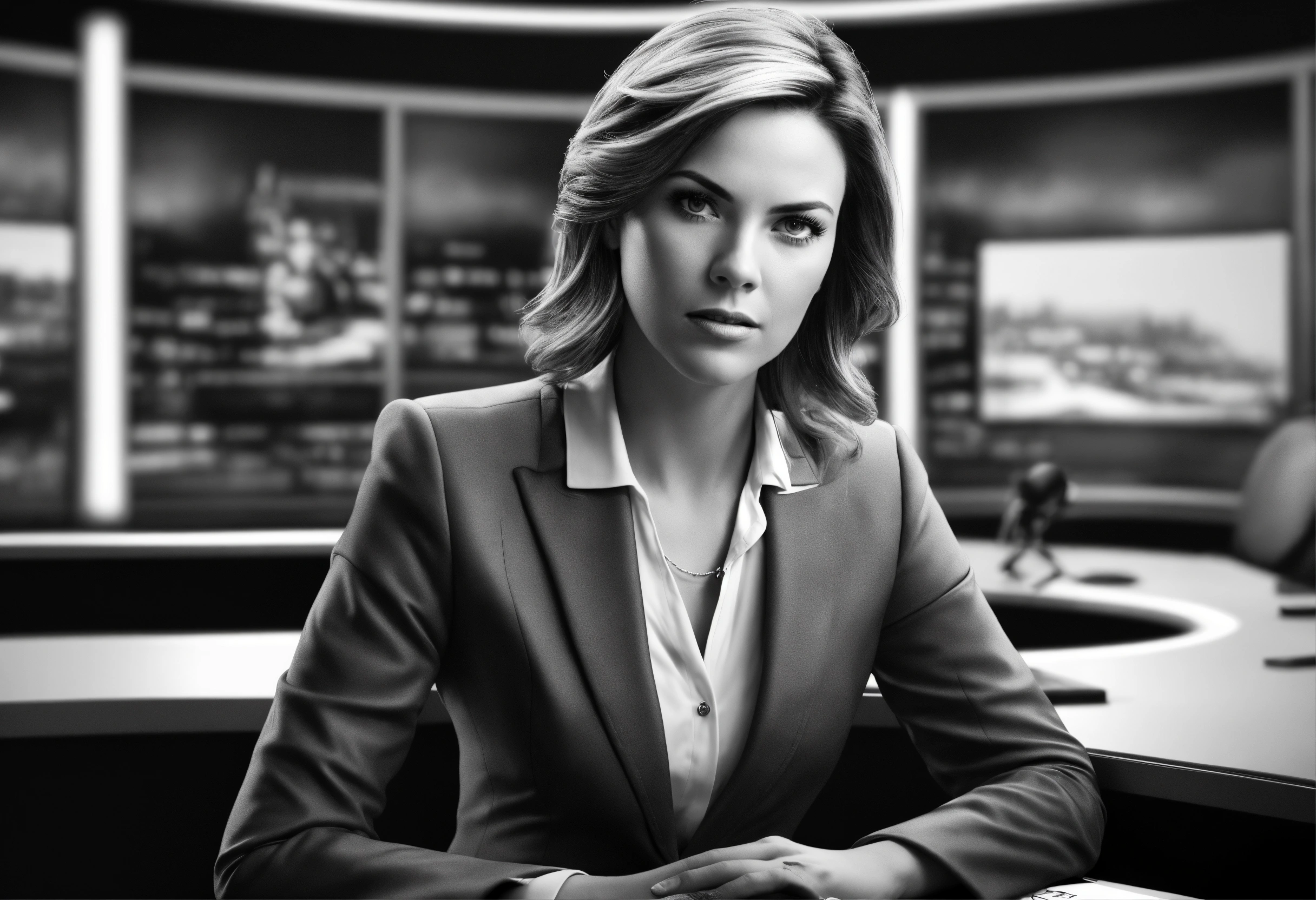Lexica - Black and white illustration female news reporter, facing ...